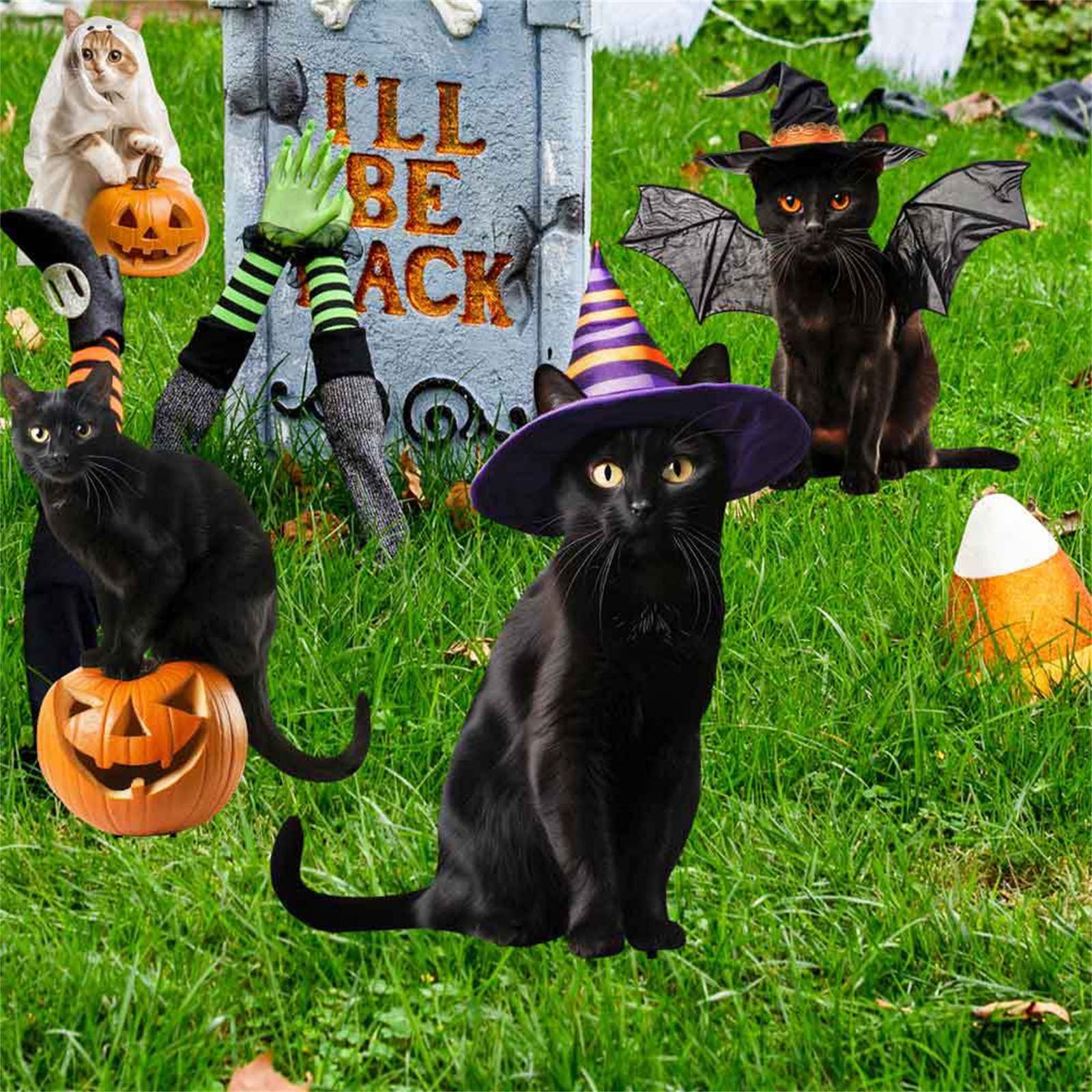 Costeam Halloween Decorations Outdoor, Cute Black Cat Yard Sign with ...