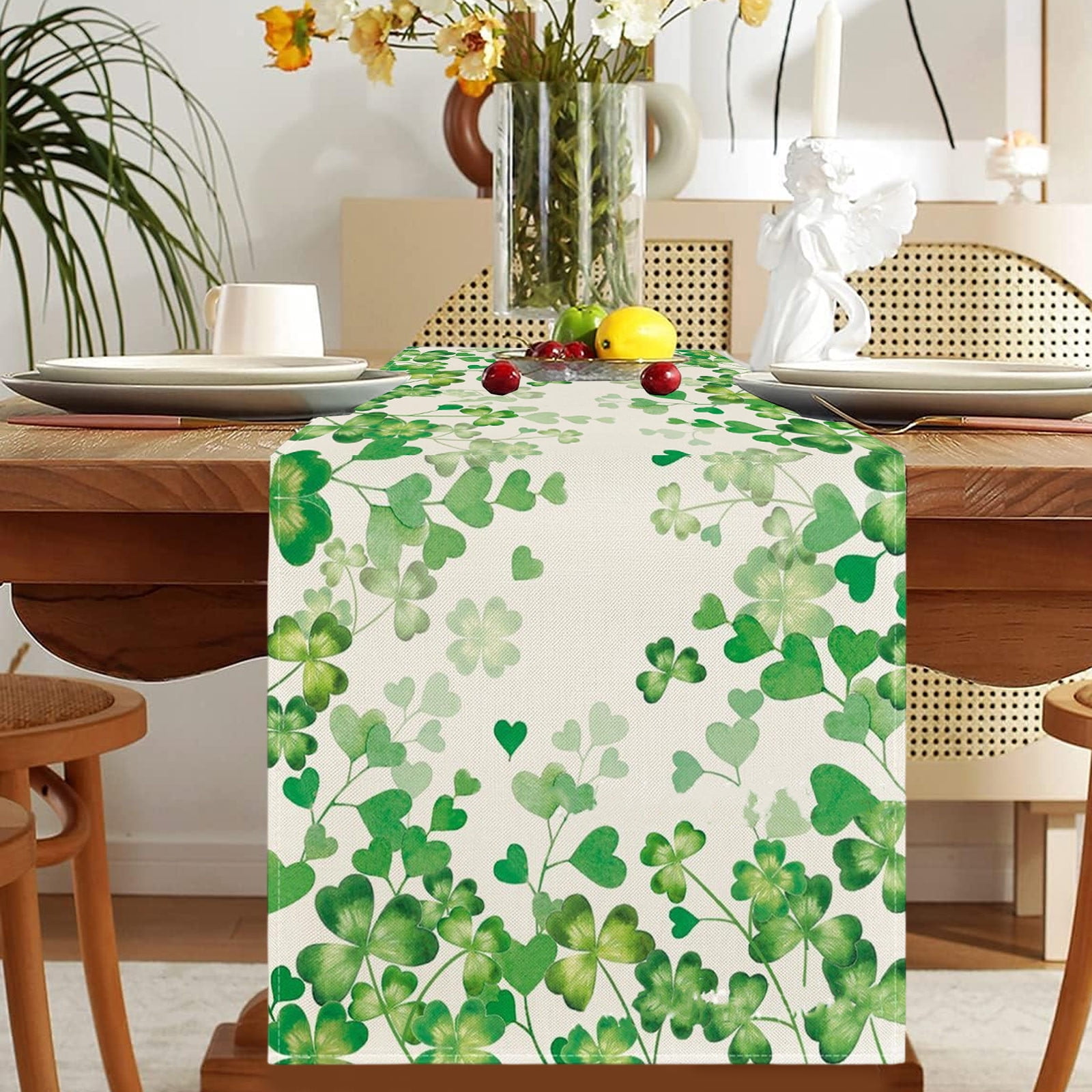 Costeam St. Patrick's Day Heat-Resistant Linen Table Flag, Green Clover ...