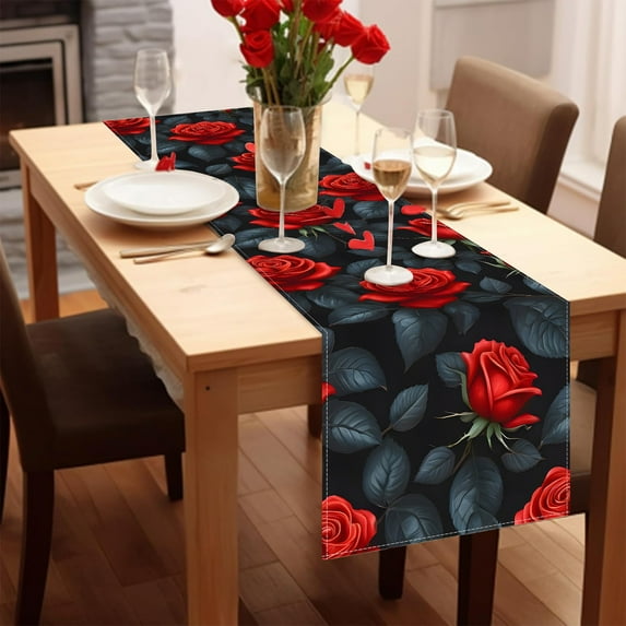 Costeam Valentines Day Linen Rose Print Table Runner,13x108 In Size ...
