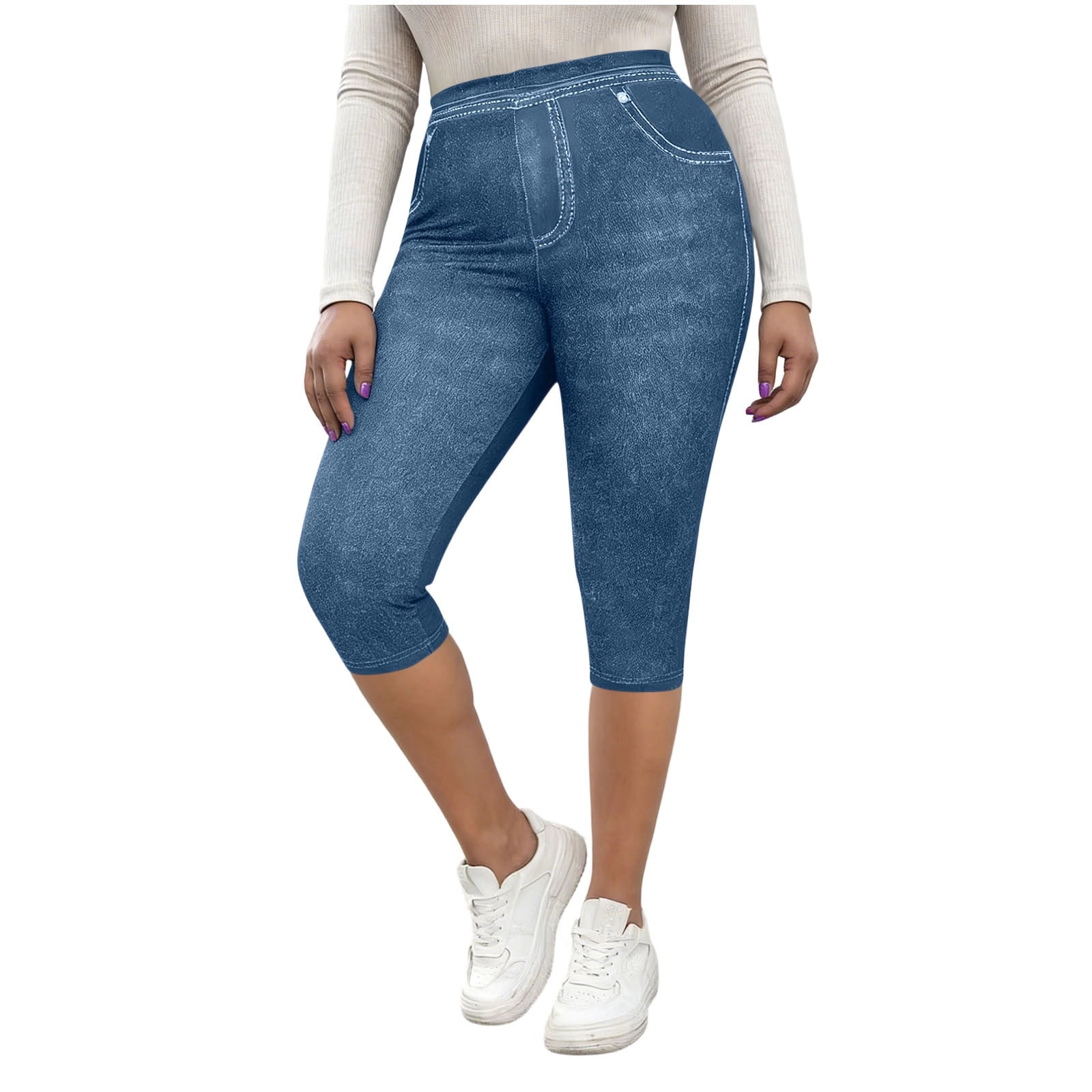 Costeam Womens Denim Print Capri Pants with Fake Pockets Fake Buttons ...
