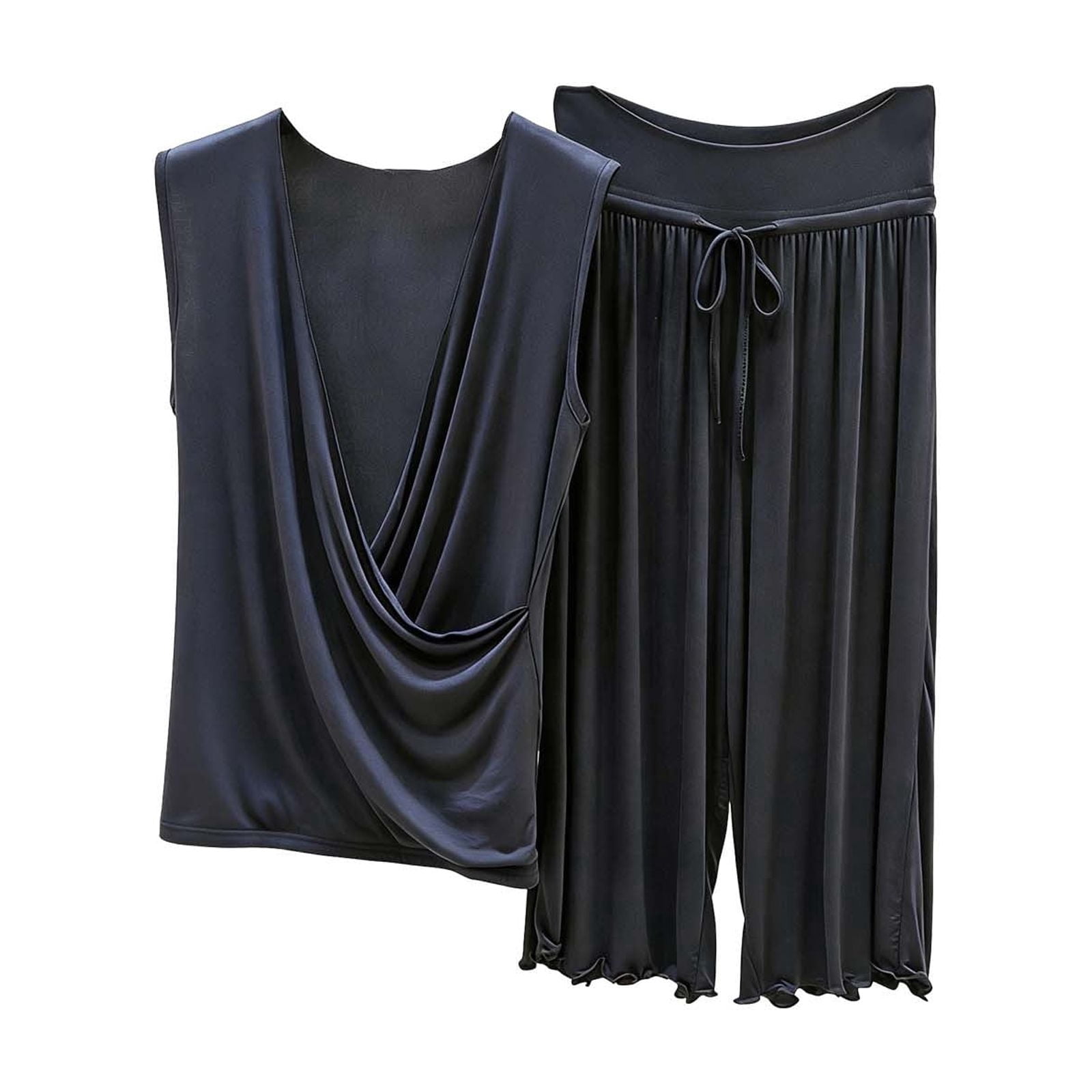 Costeam Womens Draped Cowl Neck Sleeveless Top and Drawstring Wide Leg ...