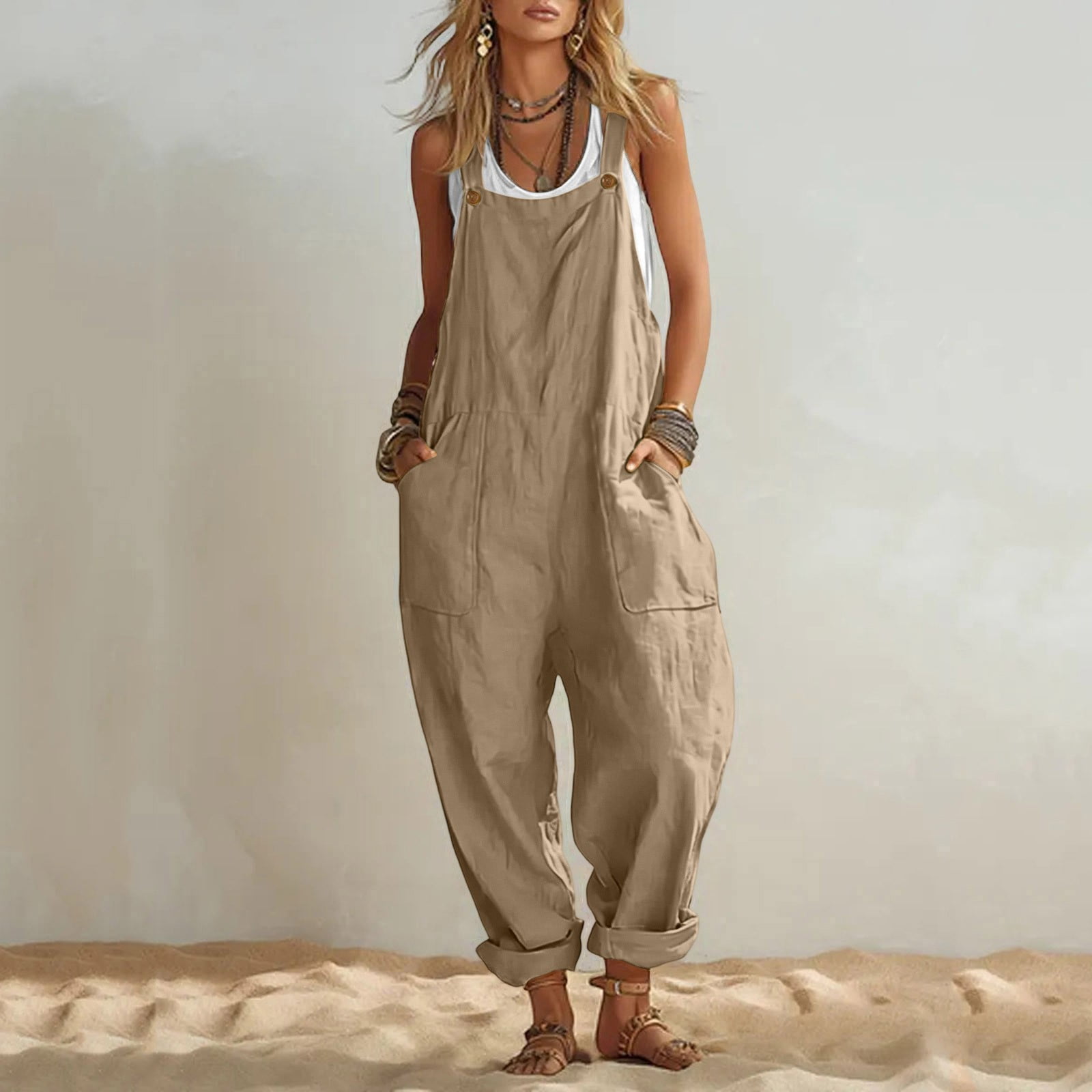Costeam Womens Linen Blend Overall Jumpsuit Adjustable Button Straps ...