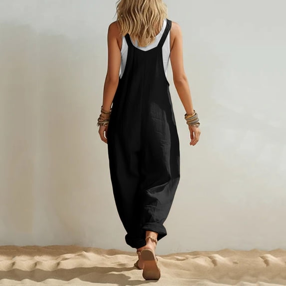 Costeam Womens Linen Blend Overalls Jumpsuit Dual Large Side Patch ...