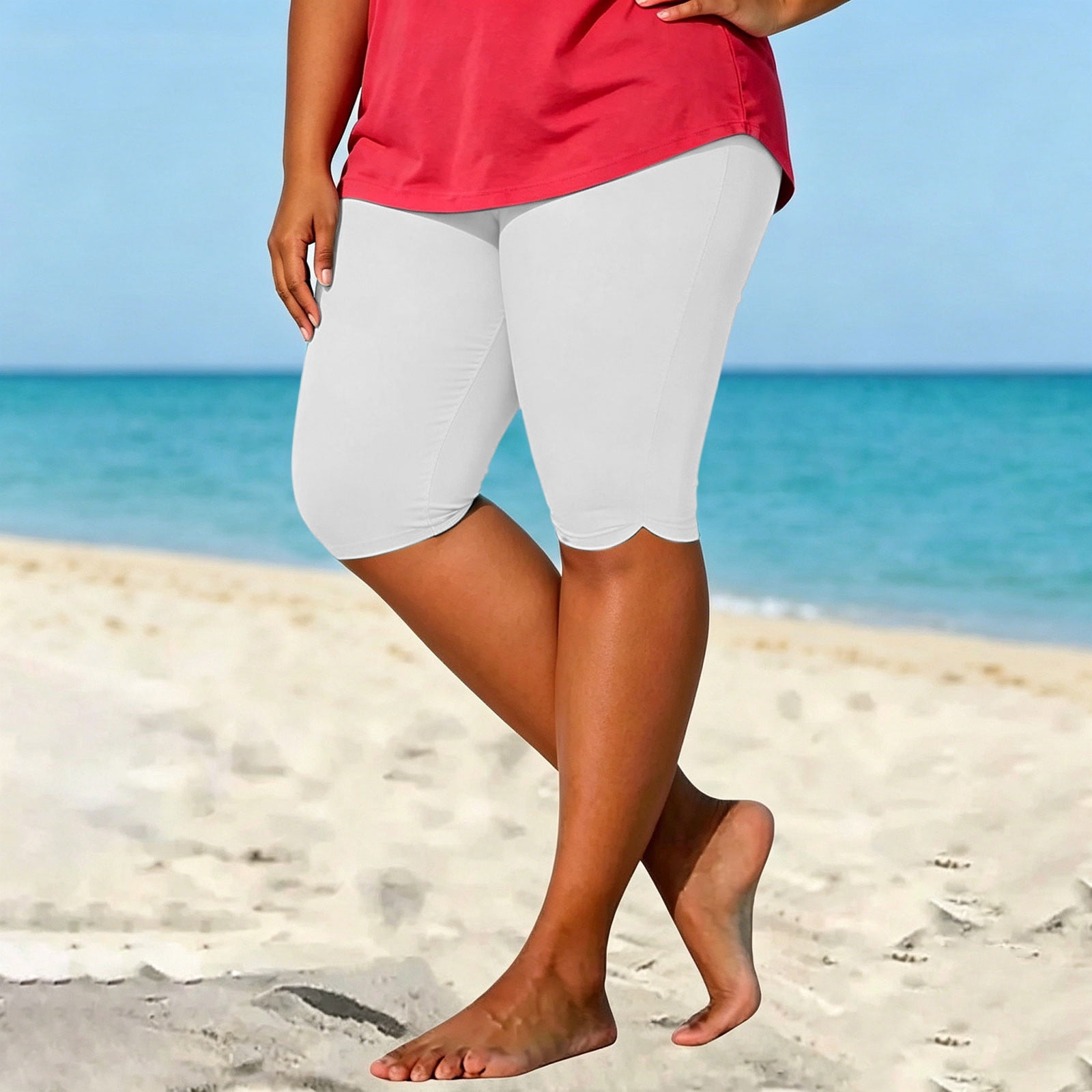 Costeam Womens Plus Size Solid Color Five Points Tight Shorts Elastic ...