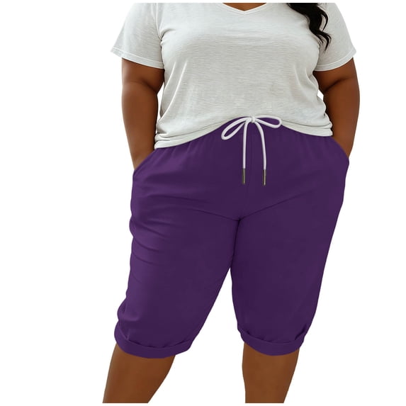 Costeam Womens Plus Size Solid Color Linen Blend Look Bermuda Shorts ...