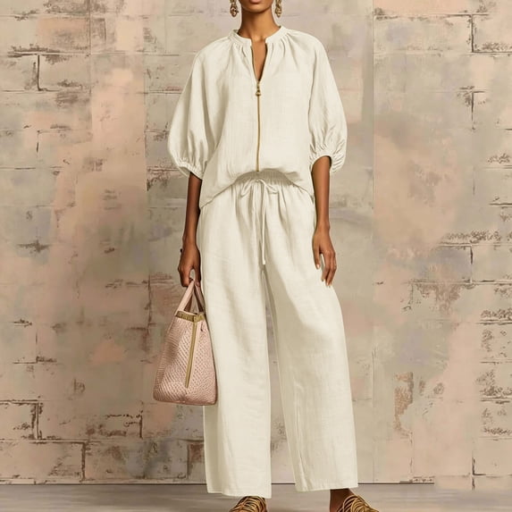 Costeam Womens Round Neck Linen Blend Two Piece Set Half Zip Top and ...