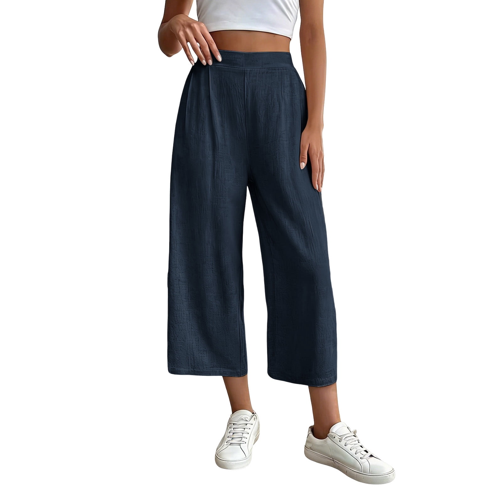 Costeam Womens Solid Casual Full Length Pants Elastic Waist Side ...