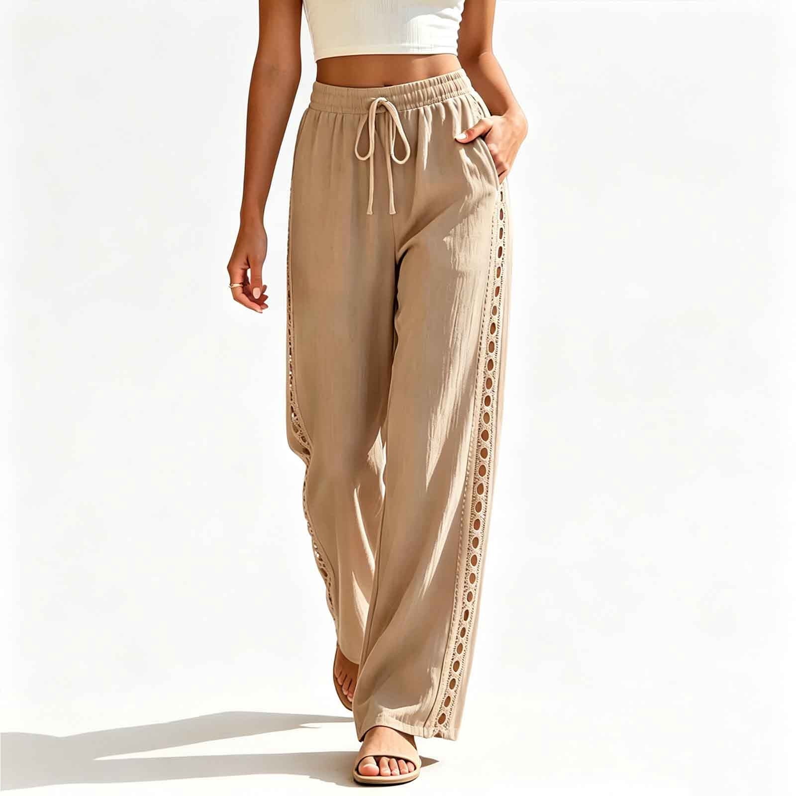 Costeam Womens Solid Color Crinkled Textured Wide Leg Pants Elastic ...