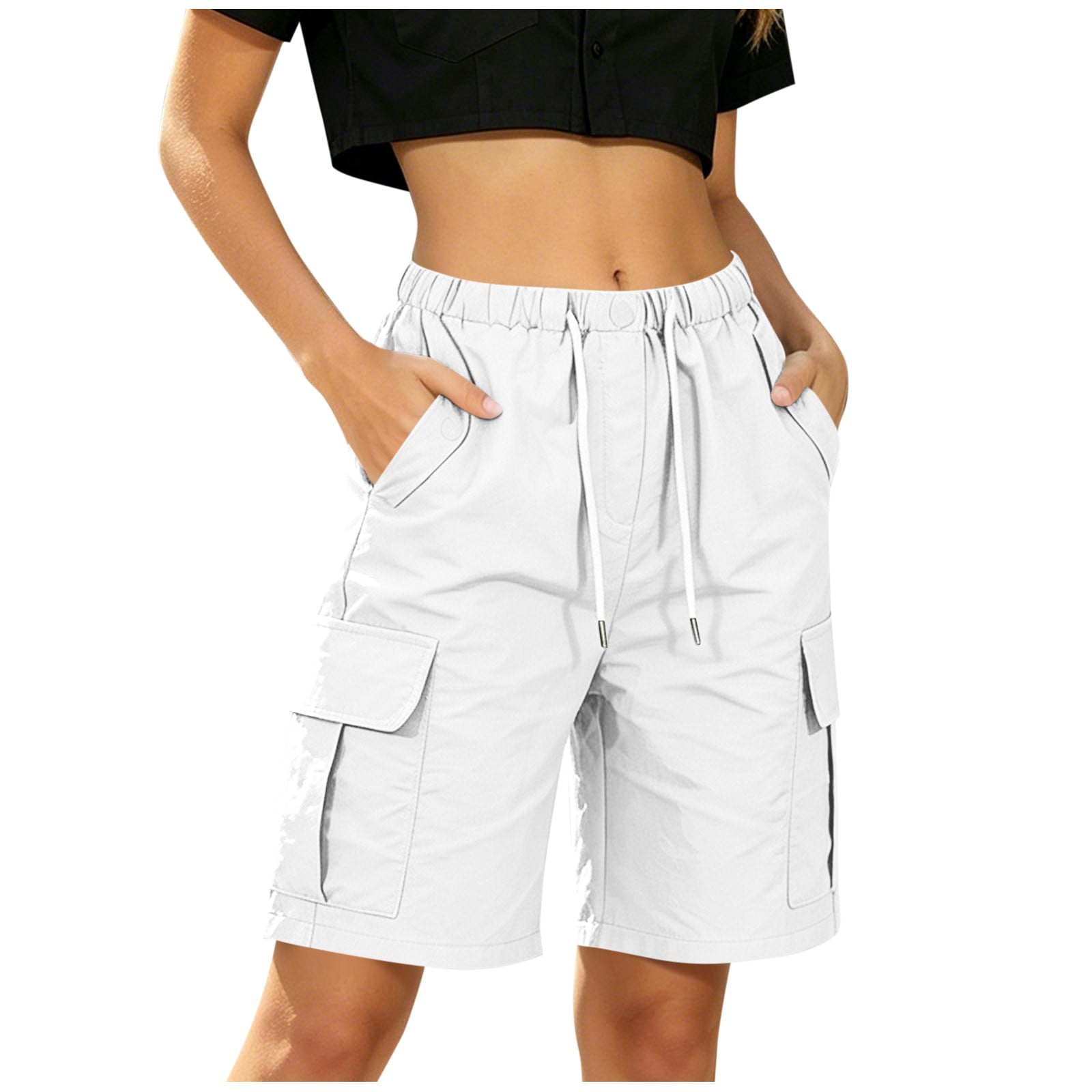 Costeam Womens Solid Color Drawstring Waist Shorts Button Detail Side ...