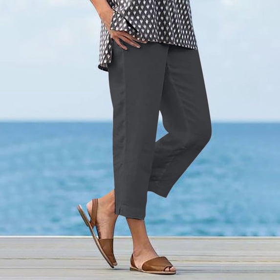 Costeam Womens Solid Color Linen Straight Wide Leg Pants Elastic Waist ...