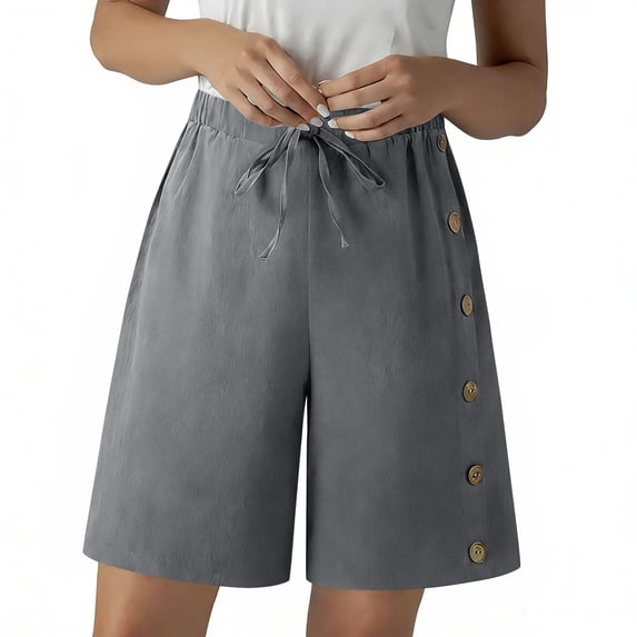 Costeam Womens Solid Five Inch Cropped Pants Elastic Waist Button Decor ...