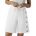 Costeam Womens Solid Five Inch Cropped Pants Elastic Waist Button Decor ...