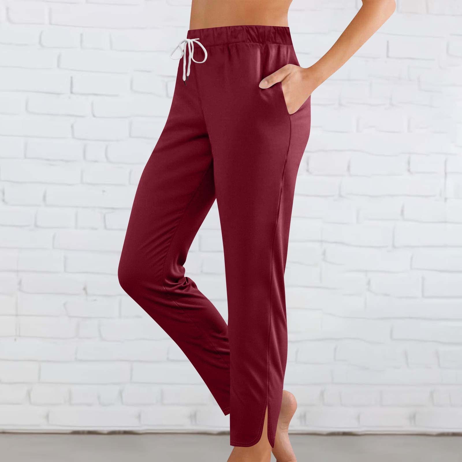 Costeam Womens Split Hem Ankle Pants Elastic Drawstring Waist with Side ...
