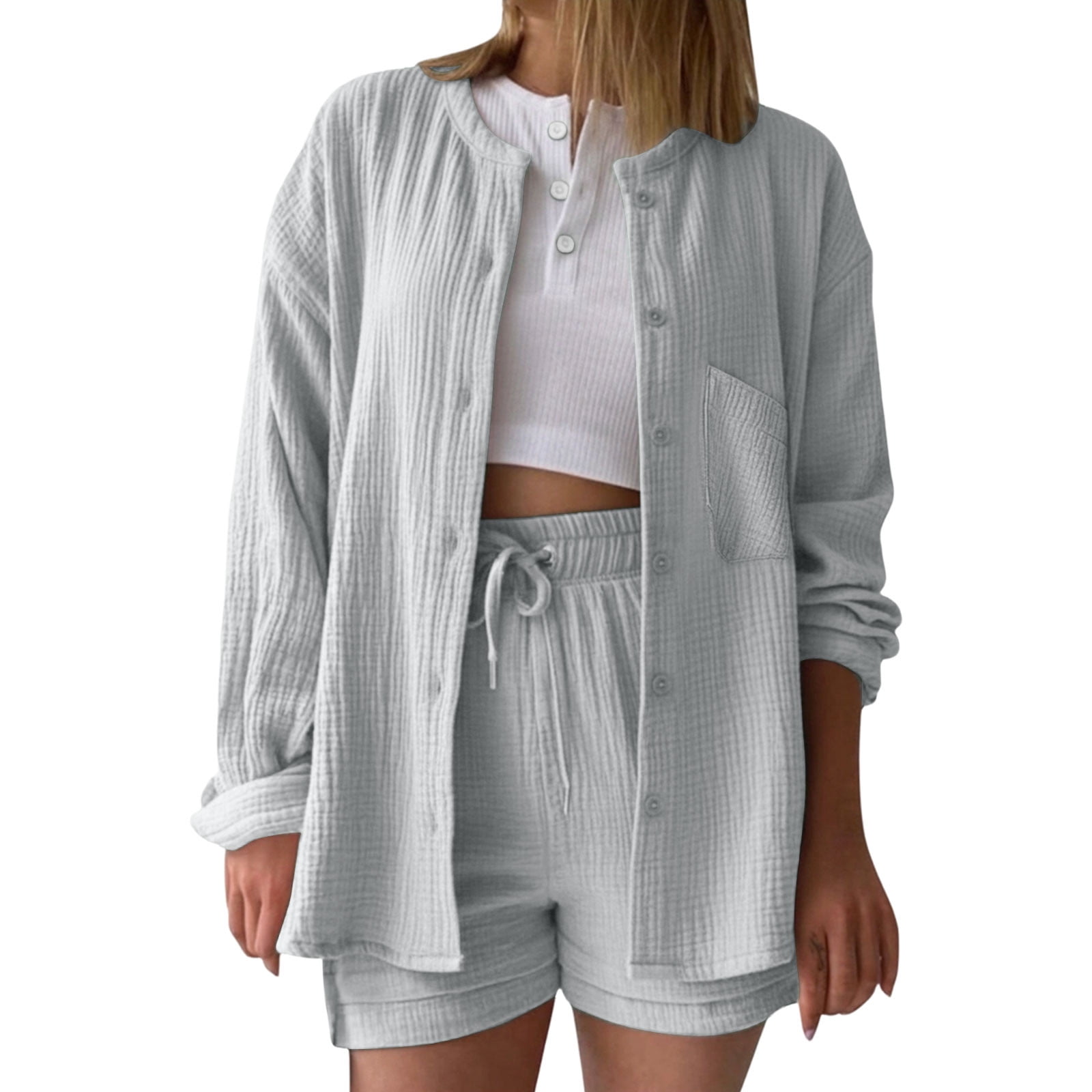 Costeam Womens Summer 2 Piece Outfit Collared Long Sleeve Button Shirt ...