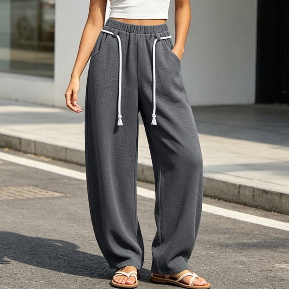 Costeam Womens Textured Linen Blend Wide Leg Pants Contrast White ...