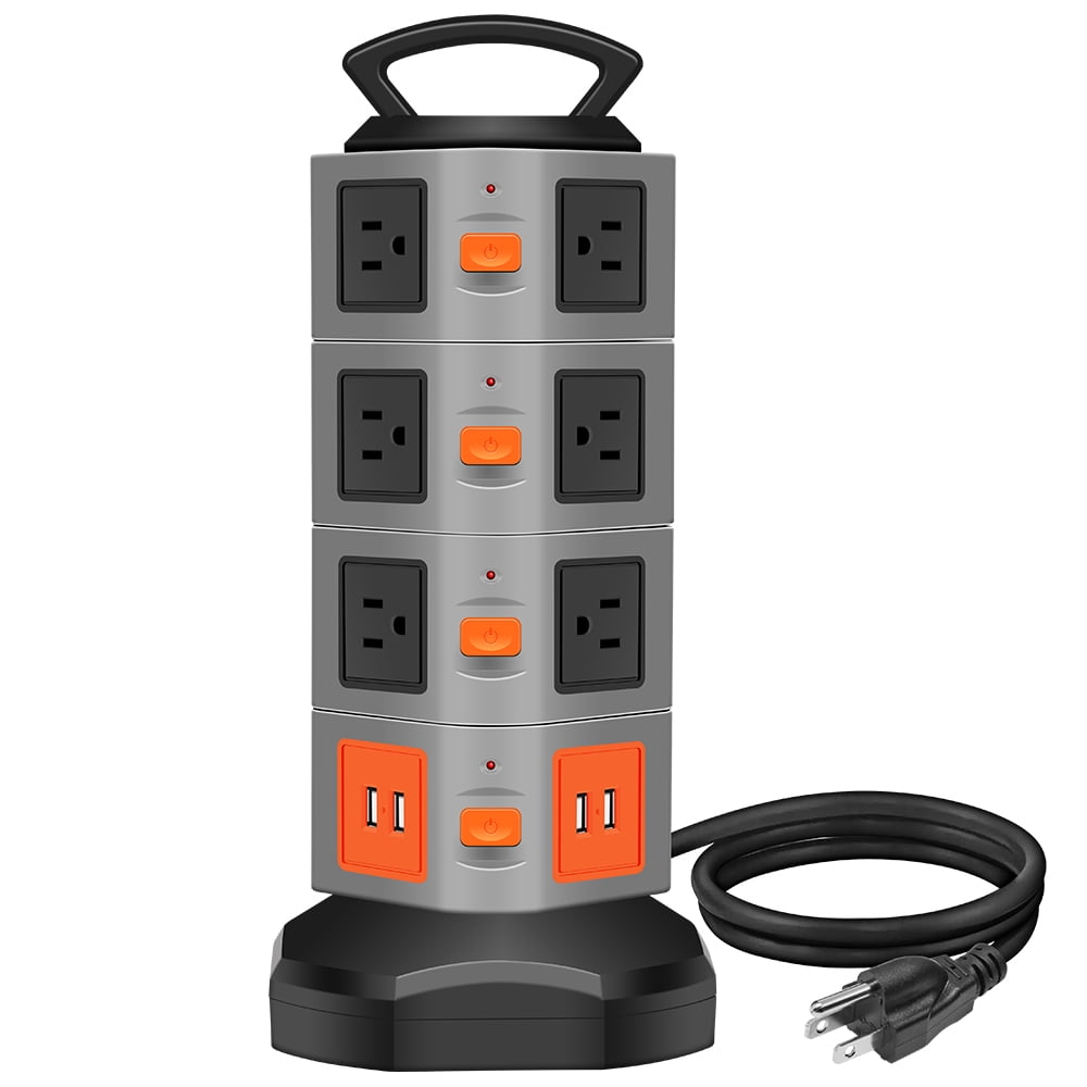 14-Outlet Surge Protector Tower, 4 USB Ports, 6.5ft Retractable Cord ...