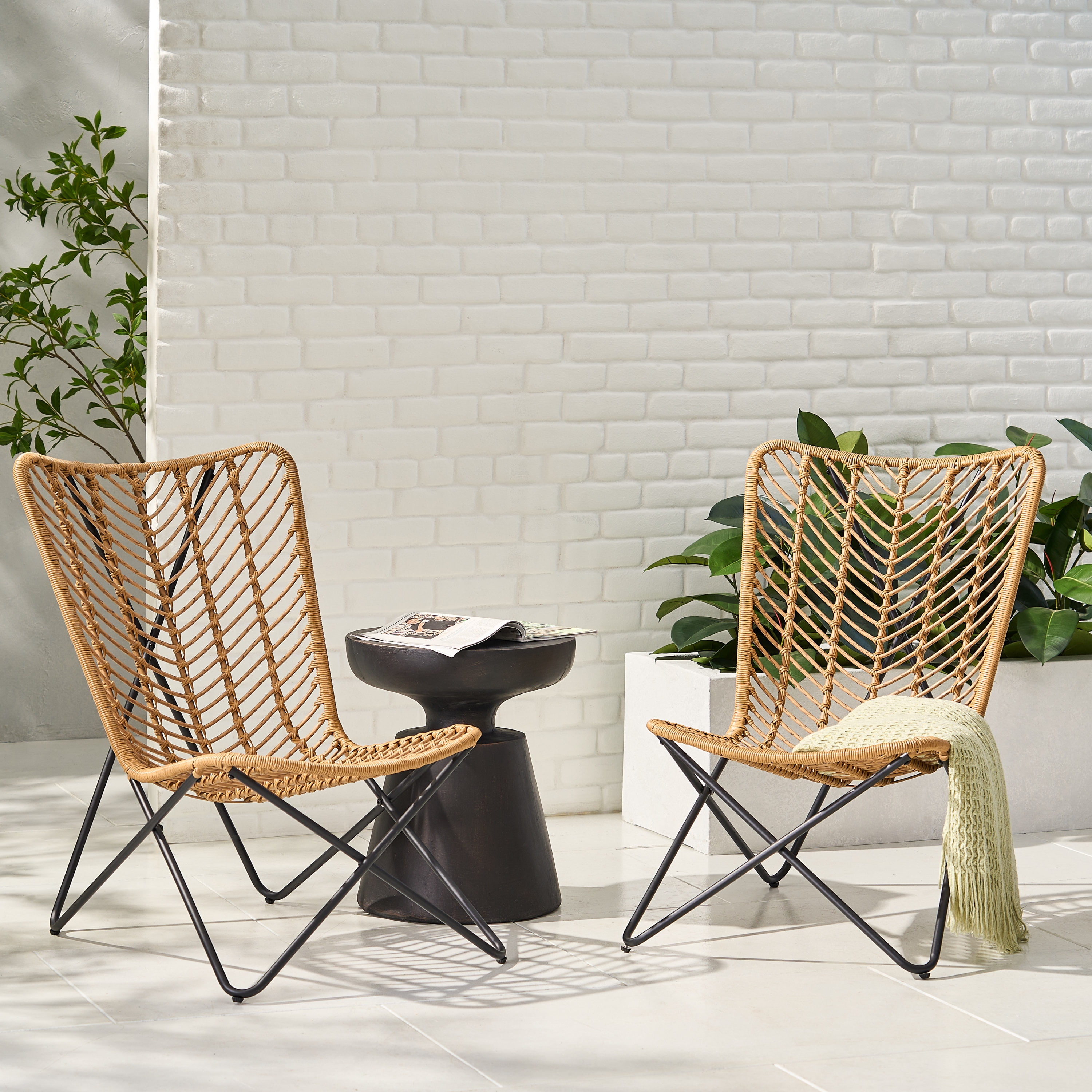 Juan Outdoor Wicker Accent Chairs Set of 2 Light Brown Black