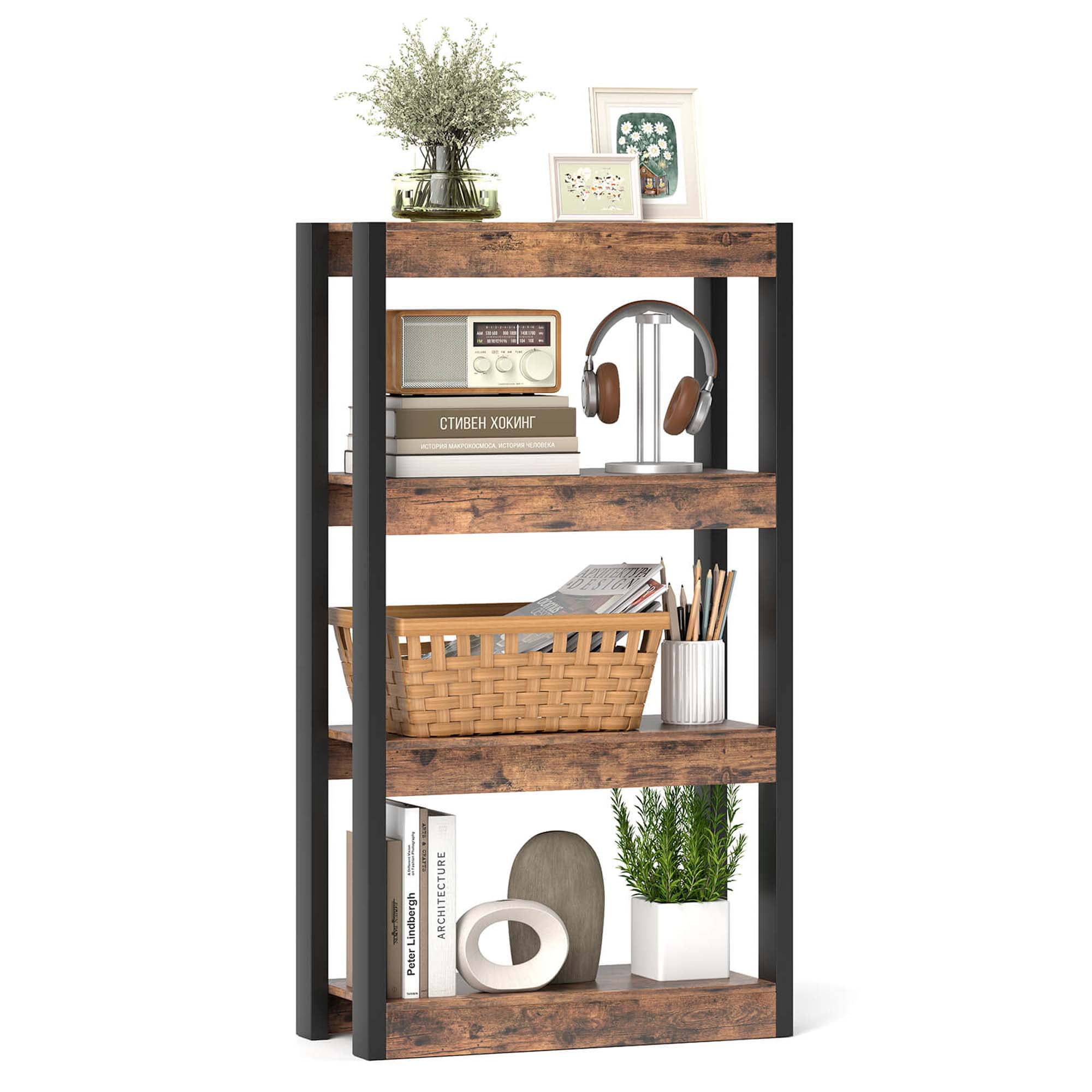 Costway 1 PCS 4 Tier Bookshelf Wooden Bookcase with Dual Anti-Tipping ...