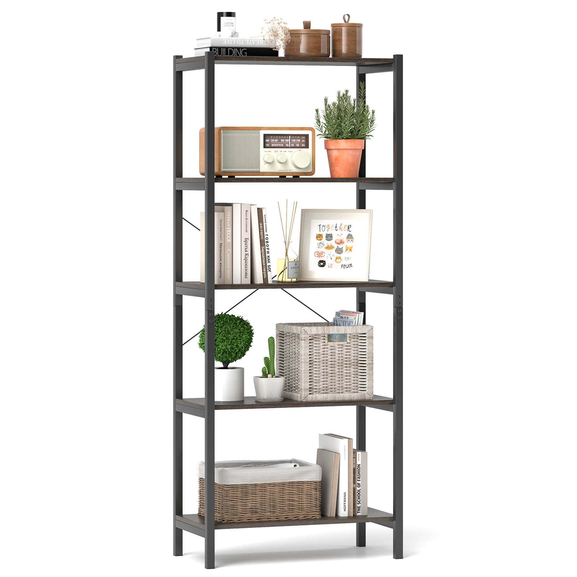 Costway 1 PCS 5-Tier Bookshelf Bookcase with Metal Frame & Dual Anti ...