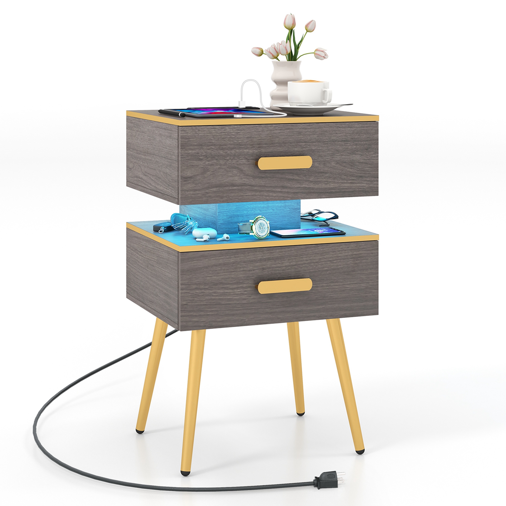 Costway 1 PCS Nightstand with Charging Station Bedside Sofa Side Tables ...
