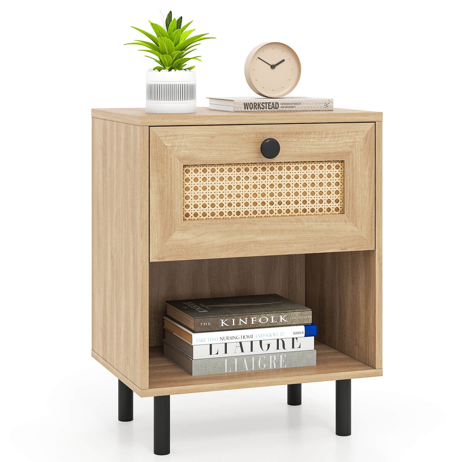 Costway 1 PCS Rattan Nightstand Boho End Table with Drawer & Open Shelf ...