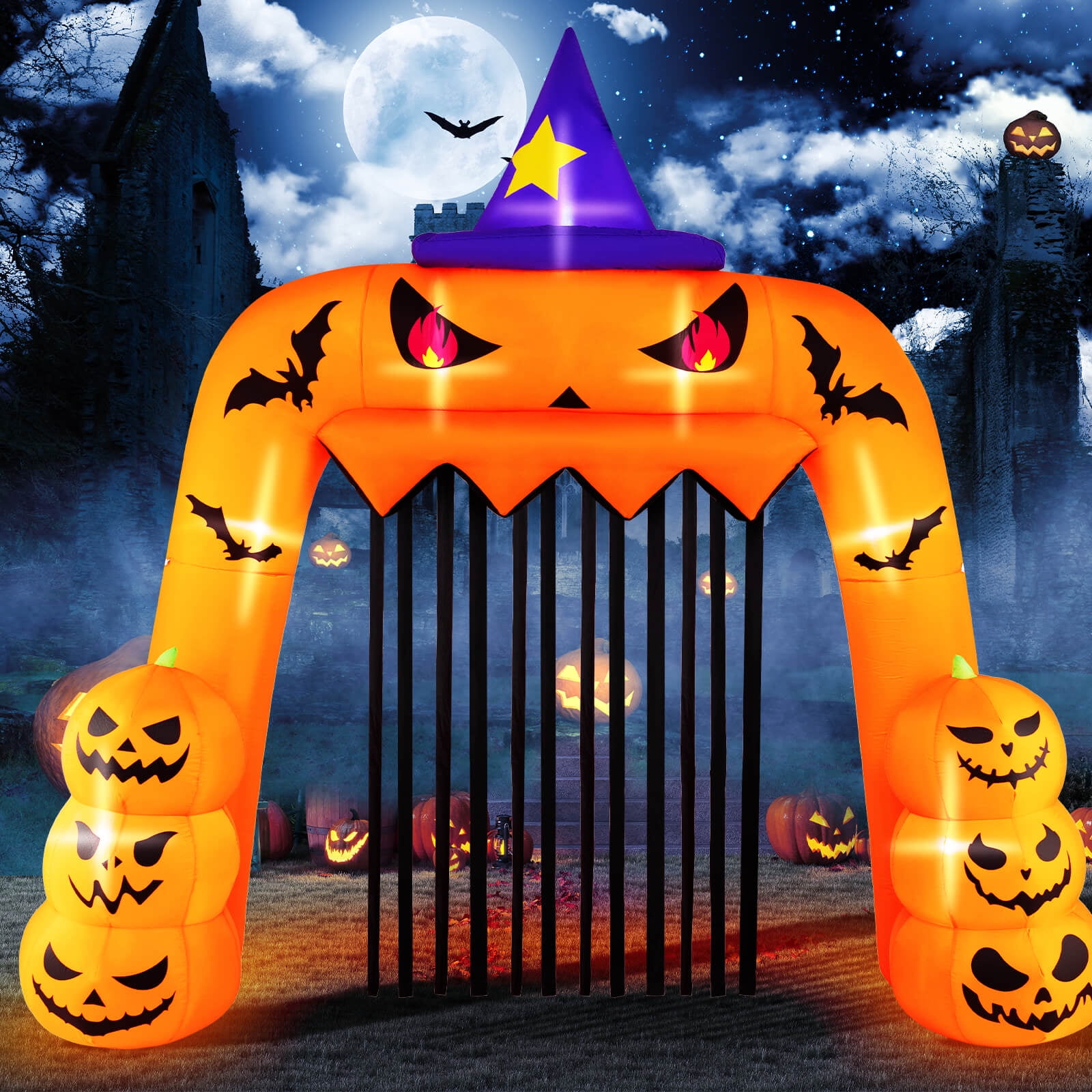 Costway 10.4 x 11.6 ft LED Lighted Halloween Inflatable Pumpkin Archway w/ Curtain Indoor ...