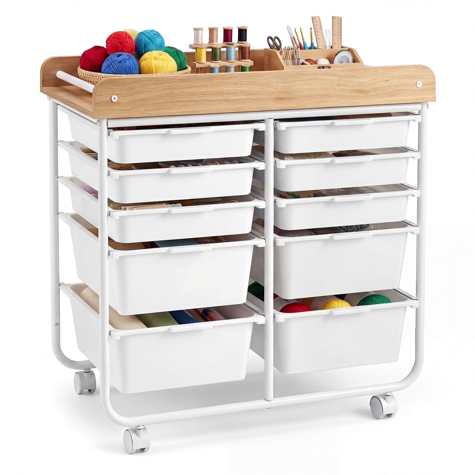 Costway 10-Drawer Rolling Cart, Art & Craft Storage Cart with Wooden ...