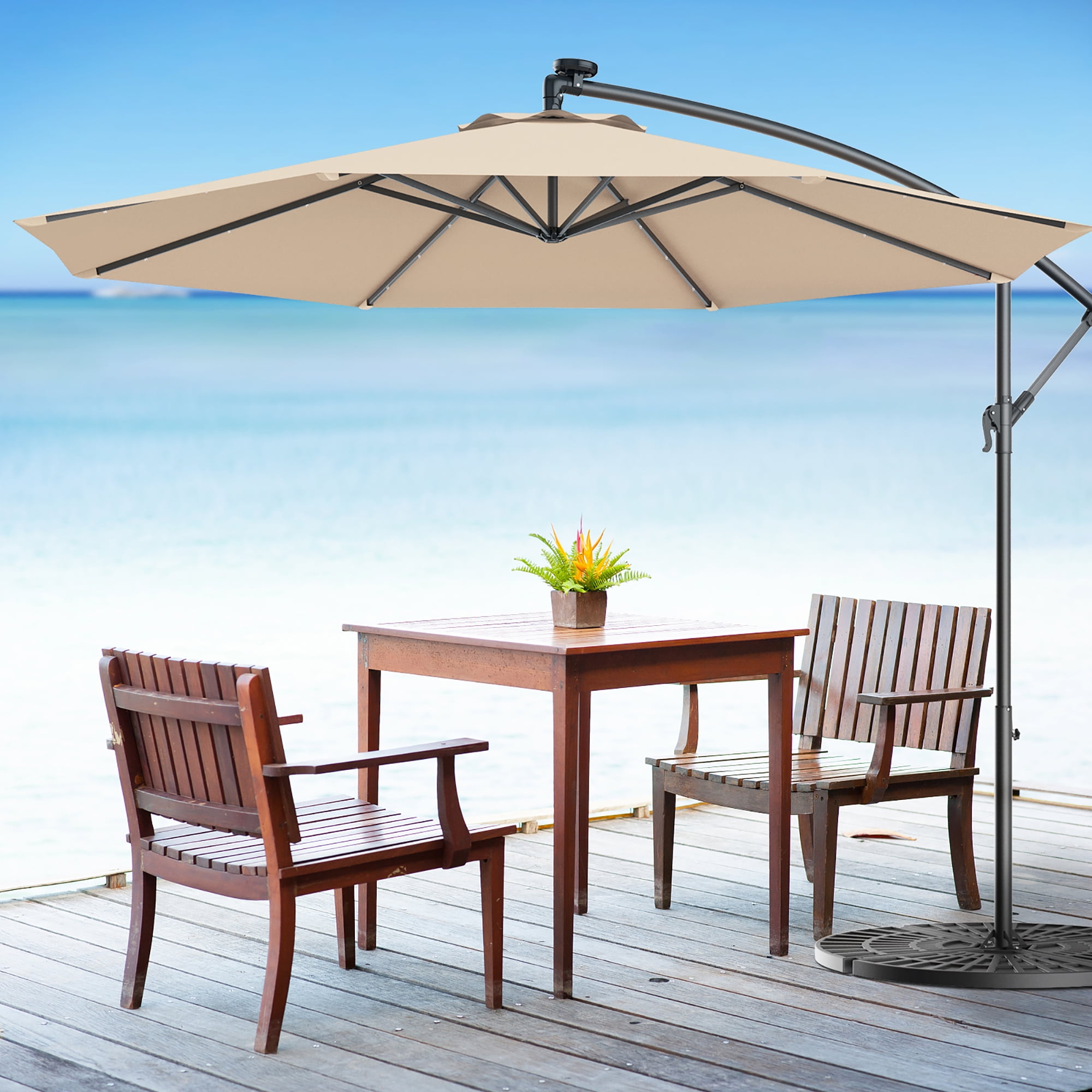 Costway 10' Hanging Offset Solar LED Patio Umbrella, Beige, Cross Base ...