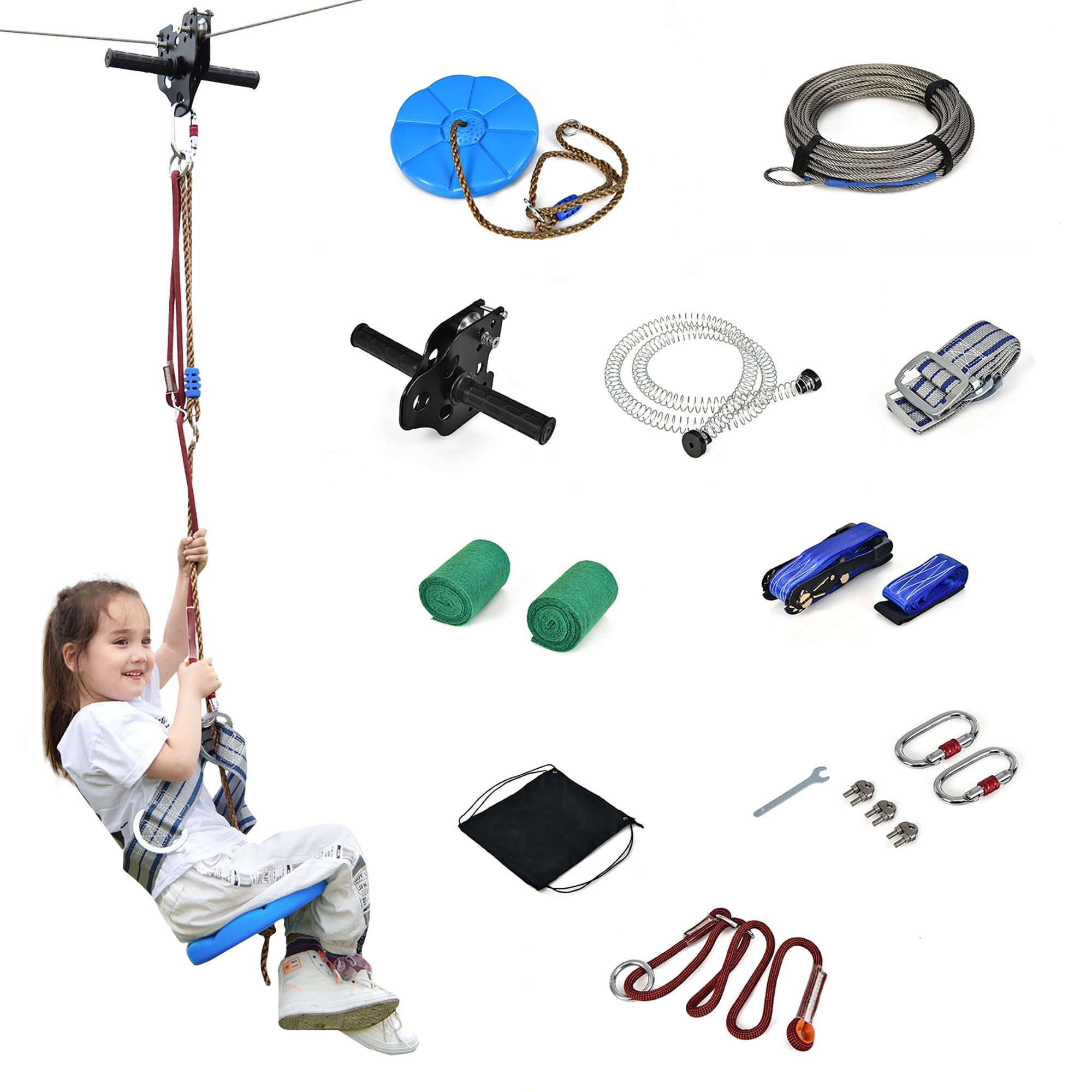 Costway 100FT Zipline Kit for Backyard Kids Adults w/ Stainless Steel ...