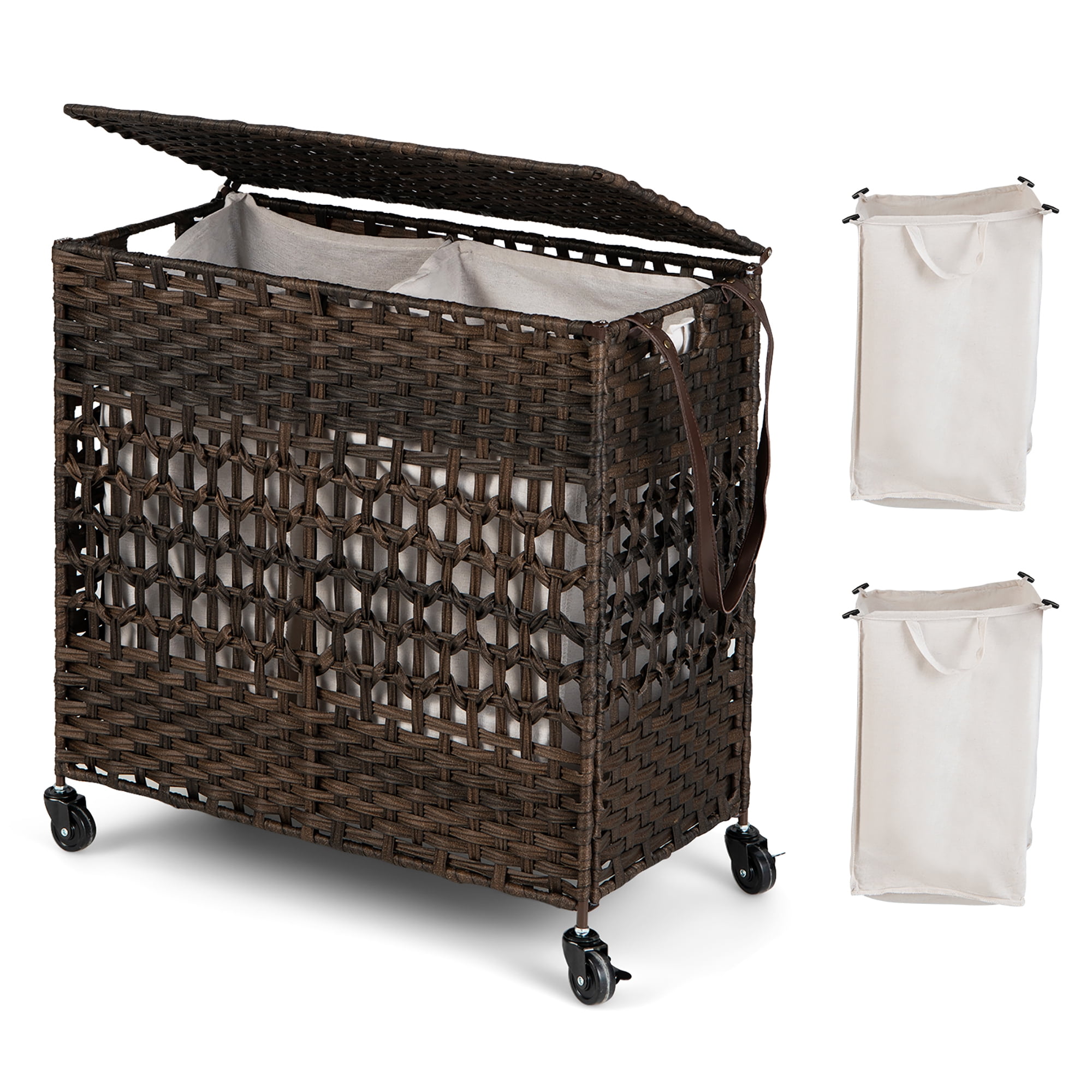 Costway 110L Large Laundry Hamper Sorter w/ Lid, Wheels, and 2 Liner ...