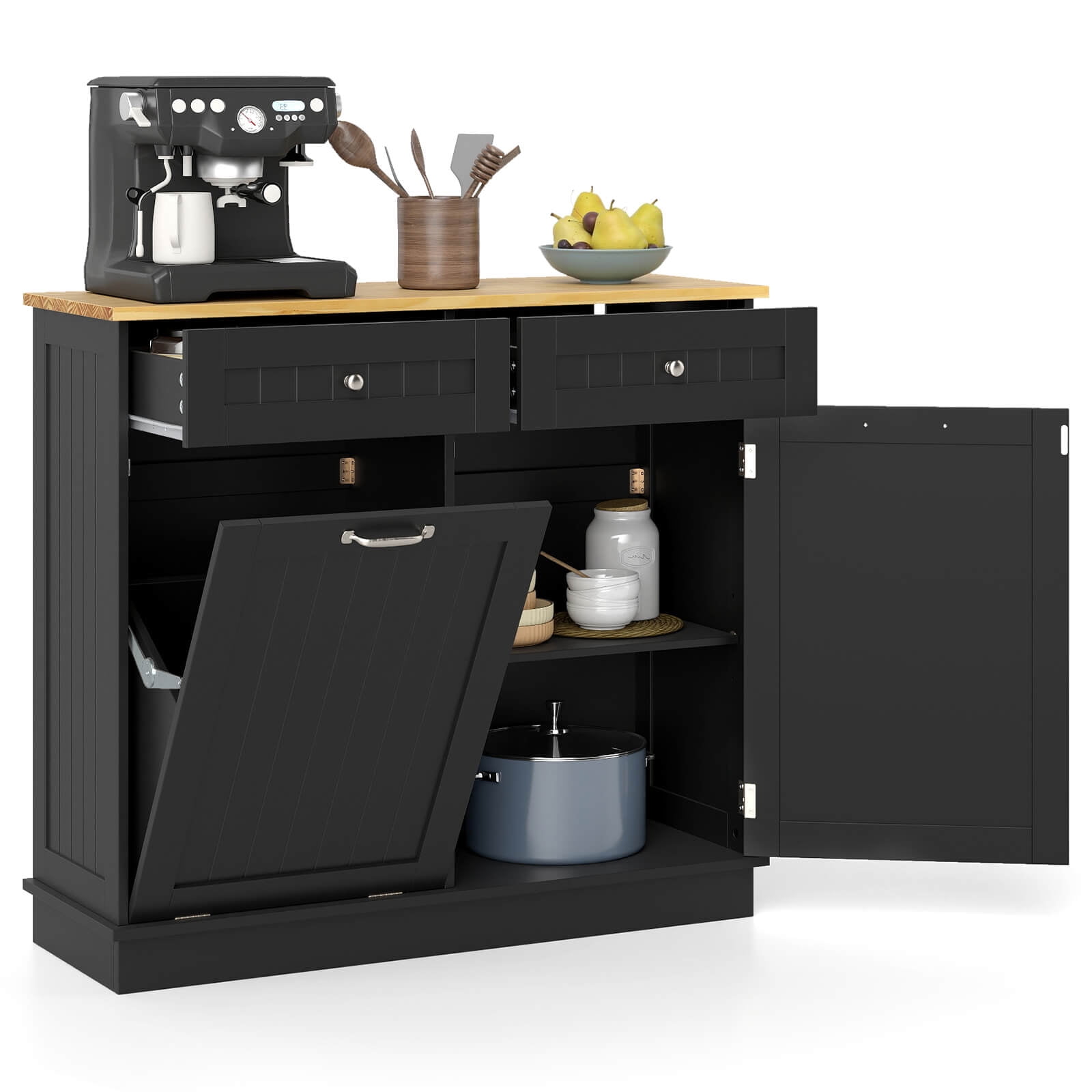 Costway Free Standing Wooden Garbage Hidden Kitchen Trash Cabinet with ...