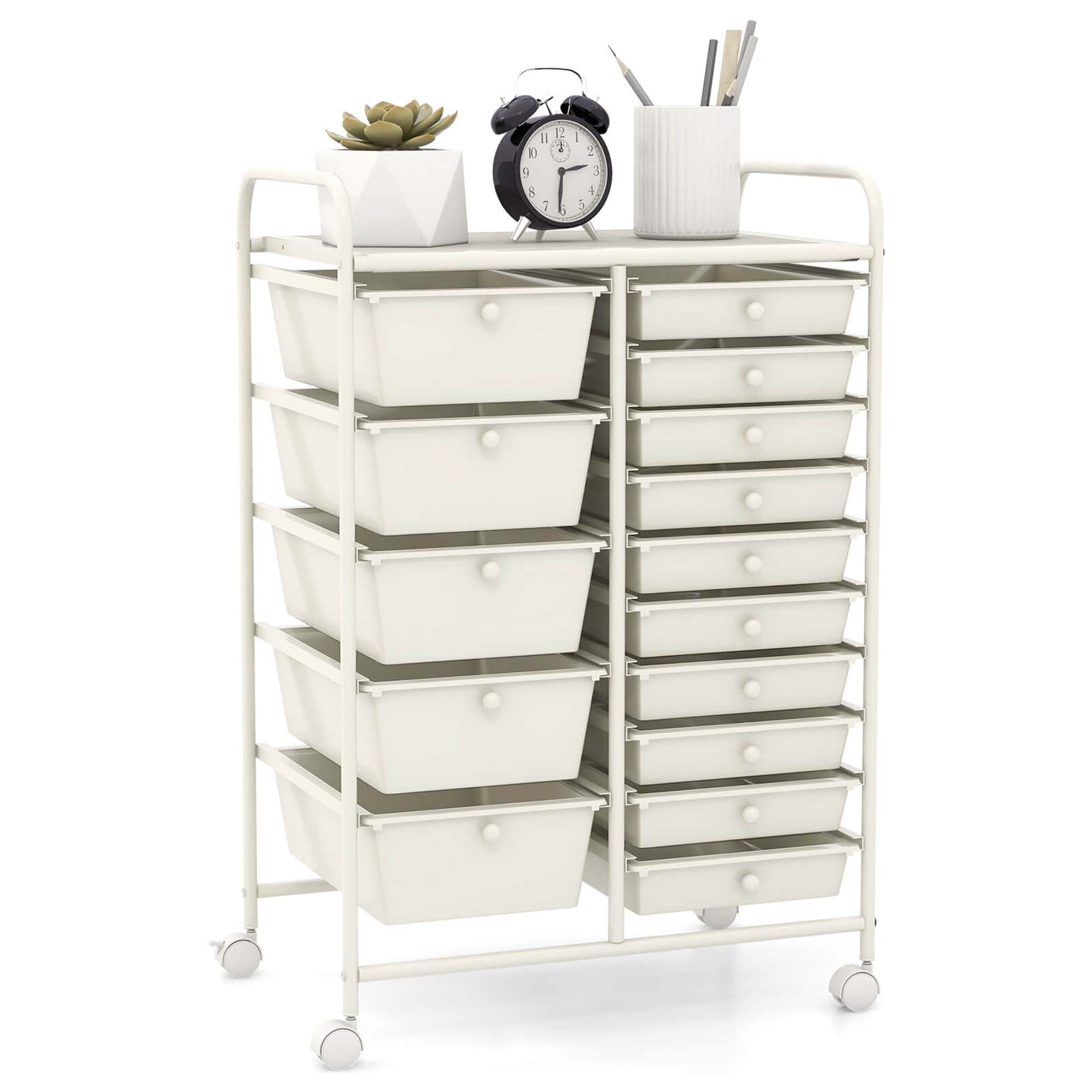 "Costway 15 Drawer Rolling Storage Cart, Organizer with Wheels, White ...
