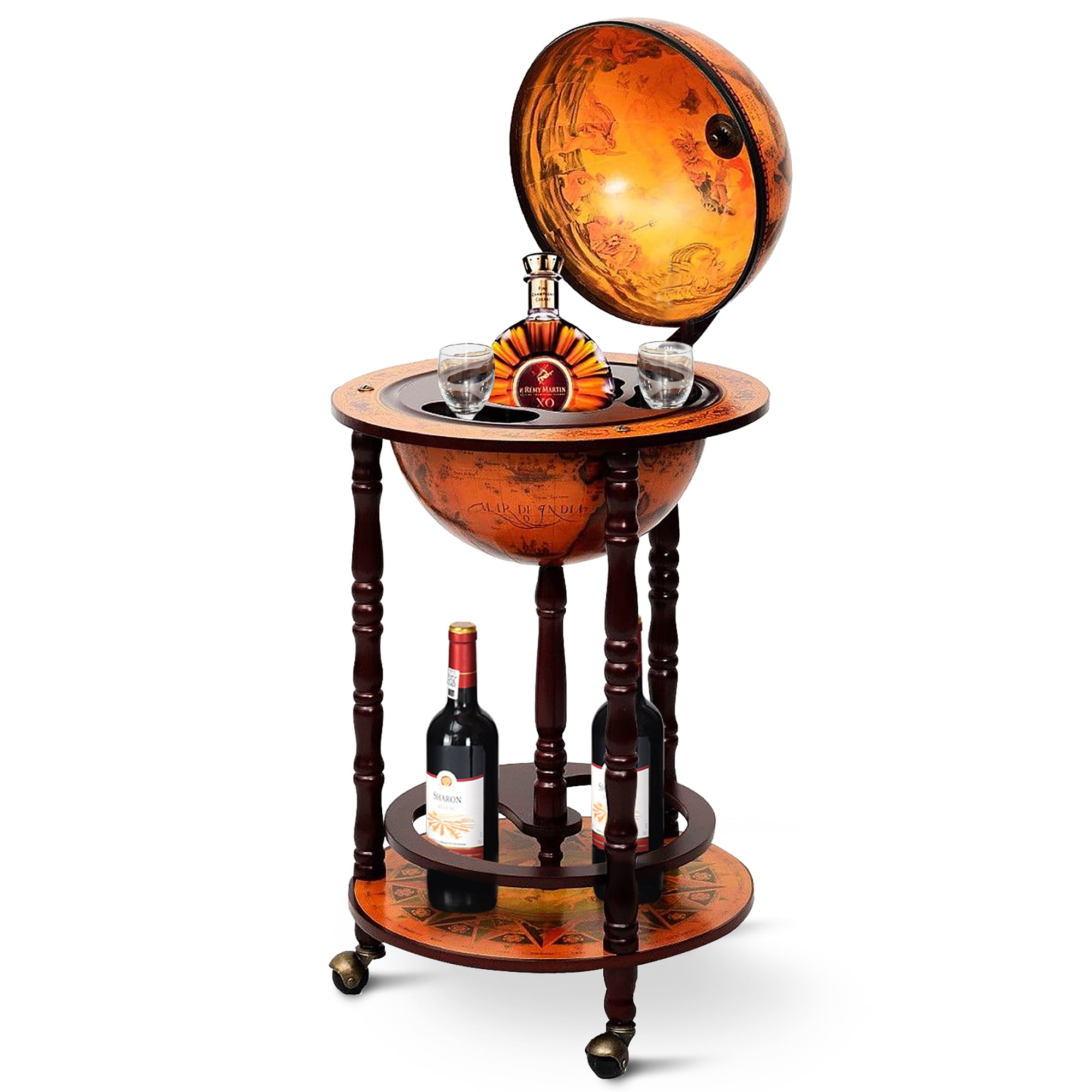 Costway 17.5'' Wood Globe Wine Bar Stand 16th Century Italian Rack ...
