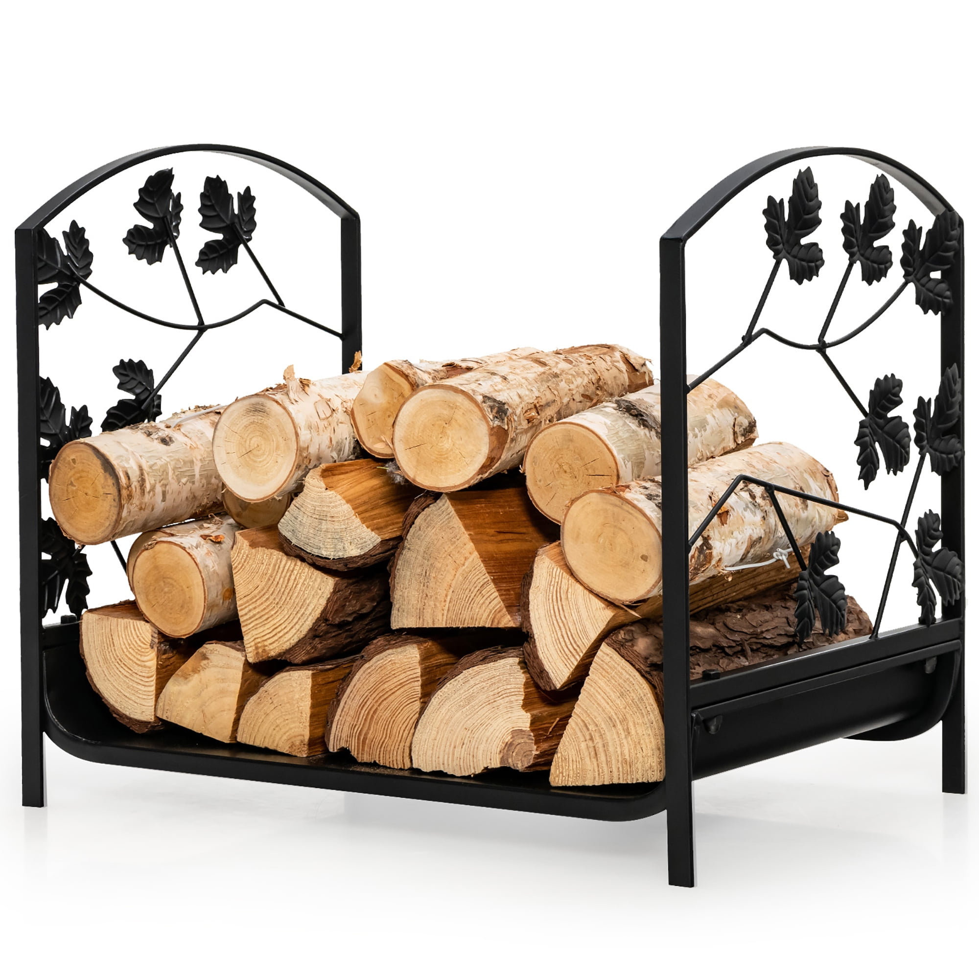 Costway 19'' Outdoor & indoor Metal Firewood Storage Rack Leaf Patterns ...