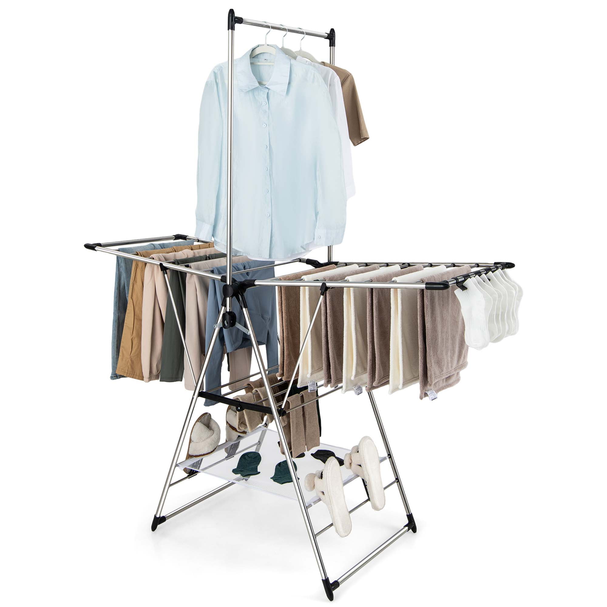 Costway 2-Layer Stainless Steel Foldable Drying Rack w/ Hanging Bar & 2 ...