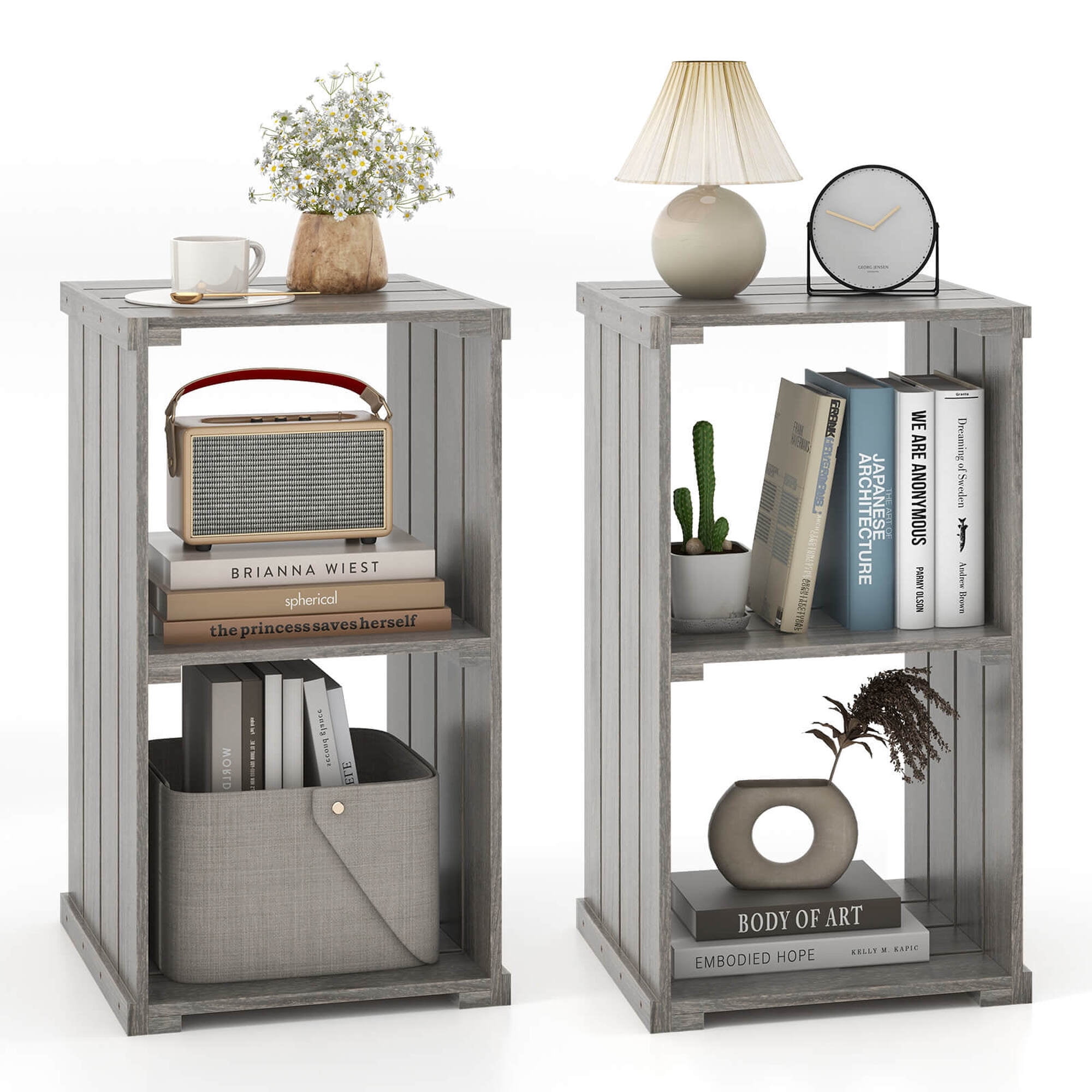 Costway 2 PCS 2-Cube Storage Shelf Slatted Paulownia Wood Cubic ...