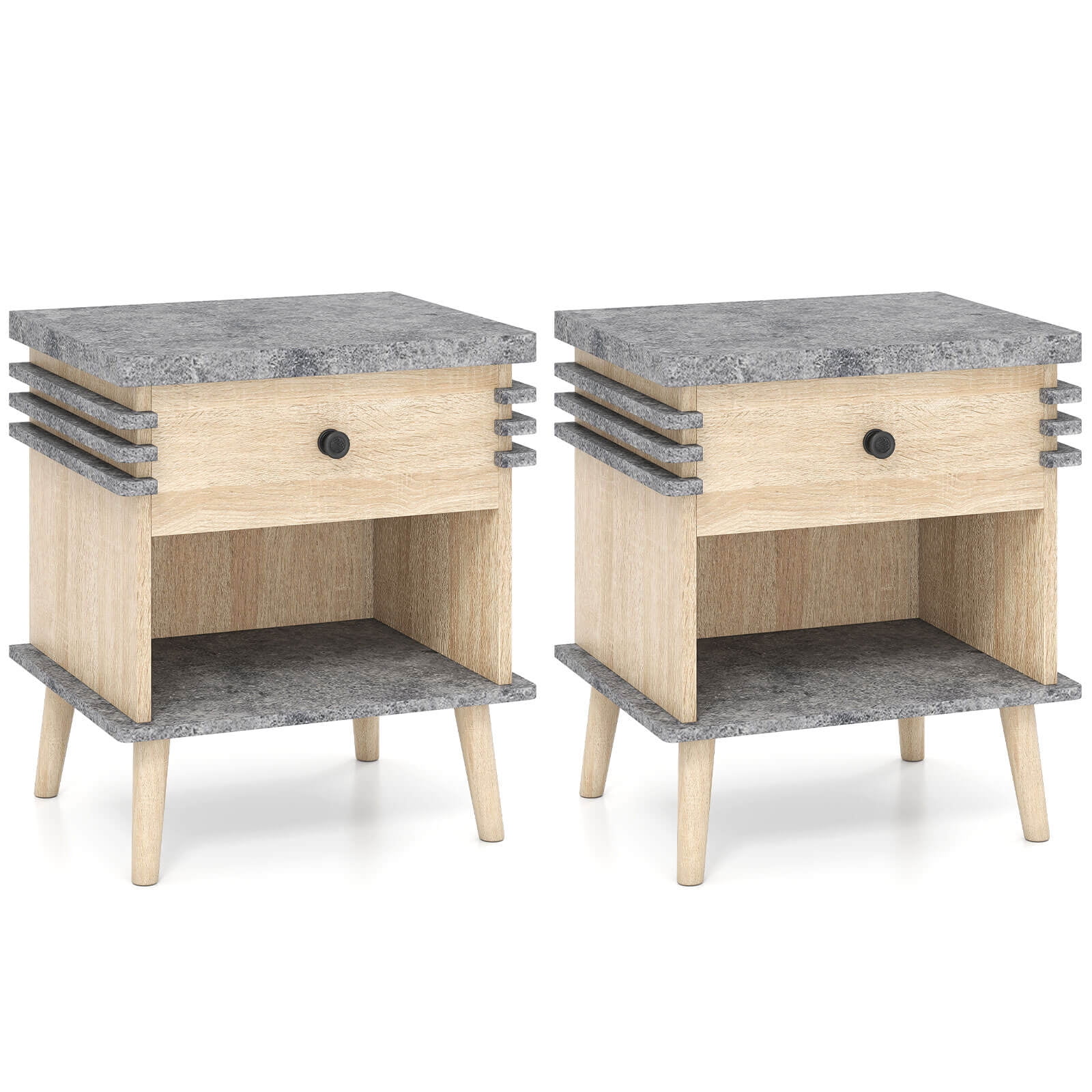 Costway 2 PCS 3-Tier Bedside Table with Antique Grey Faux Marble Top ...