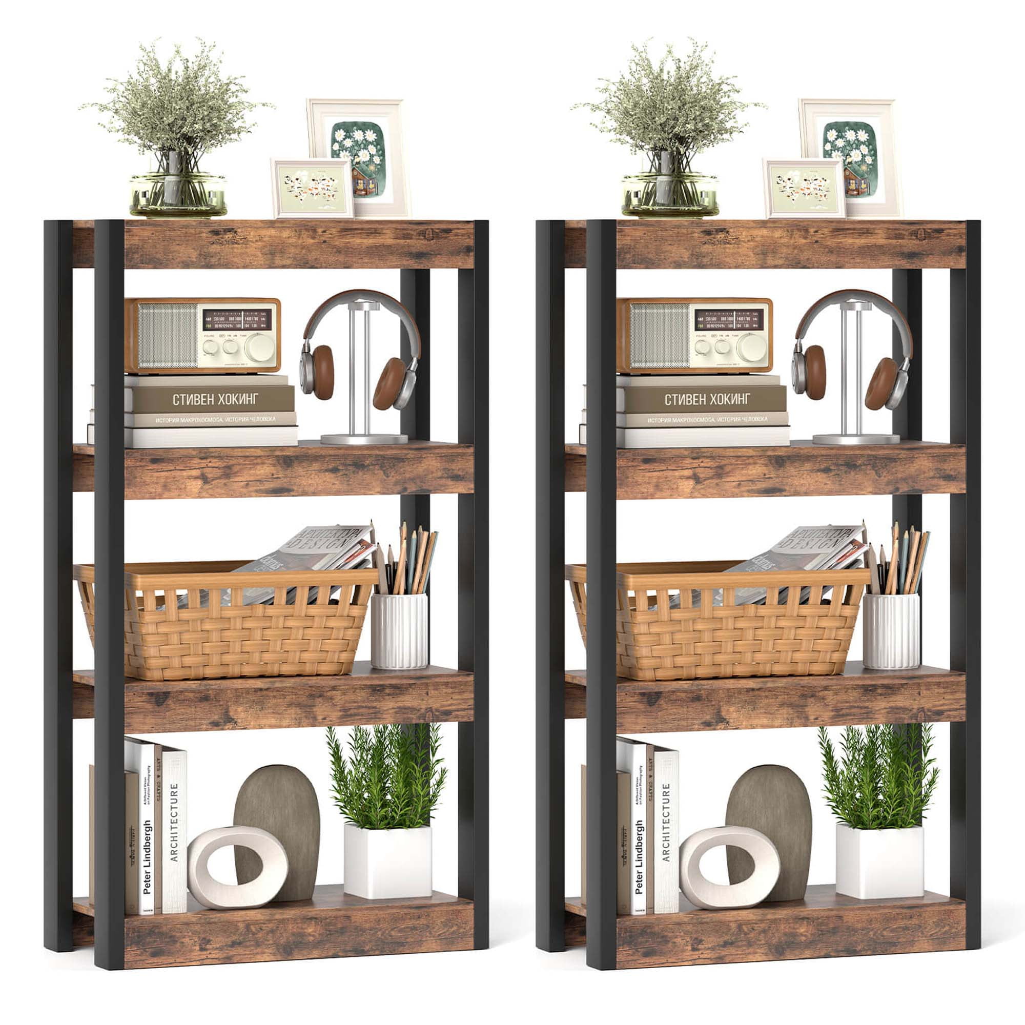 Costway 2 PCS 4 Tier Bookshelf Wooden Bookcase with Dual Anti-Tipping ...