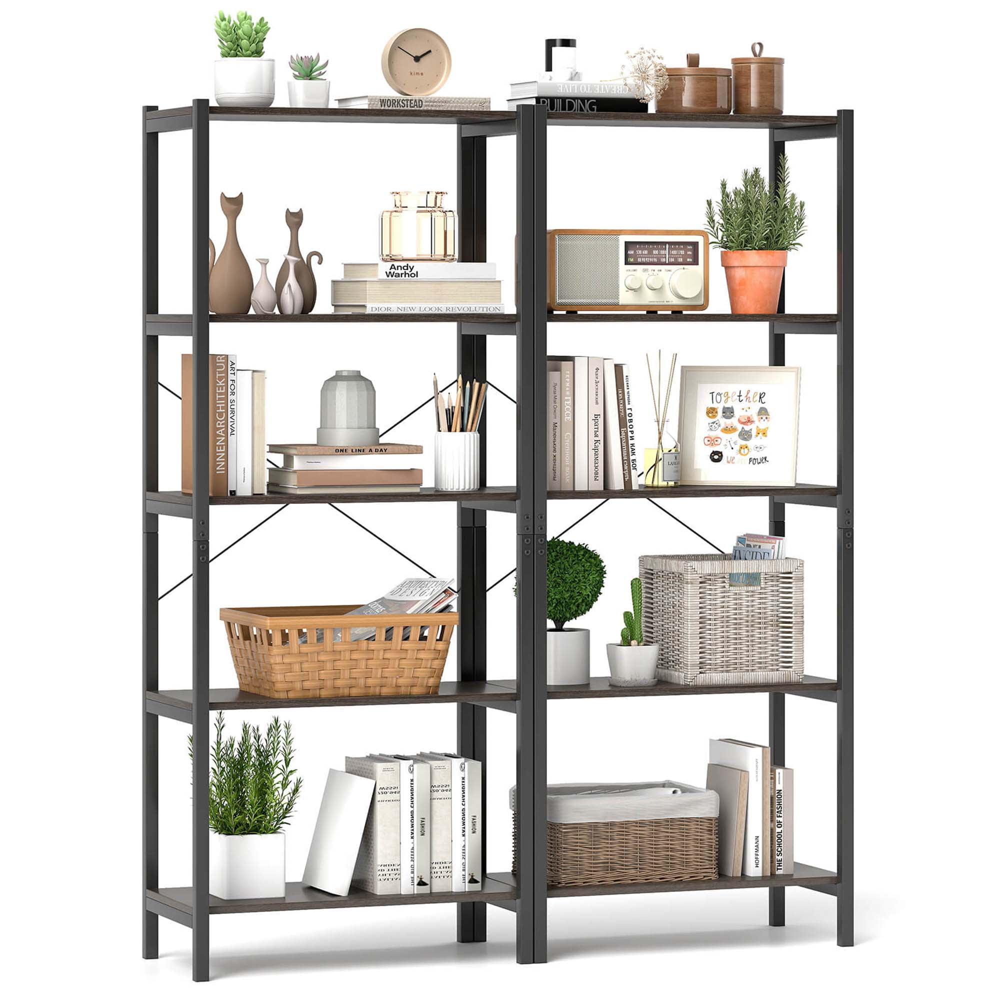 Costway 2 PCS 5-Tier Bookshelf Bookcase with Metal Frame Dual Anti-Tipping Kits Storage Rack ...