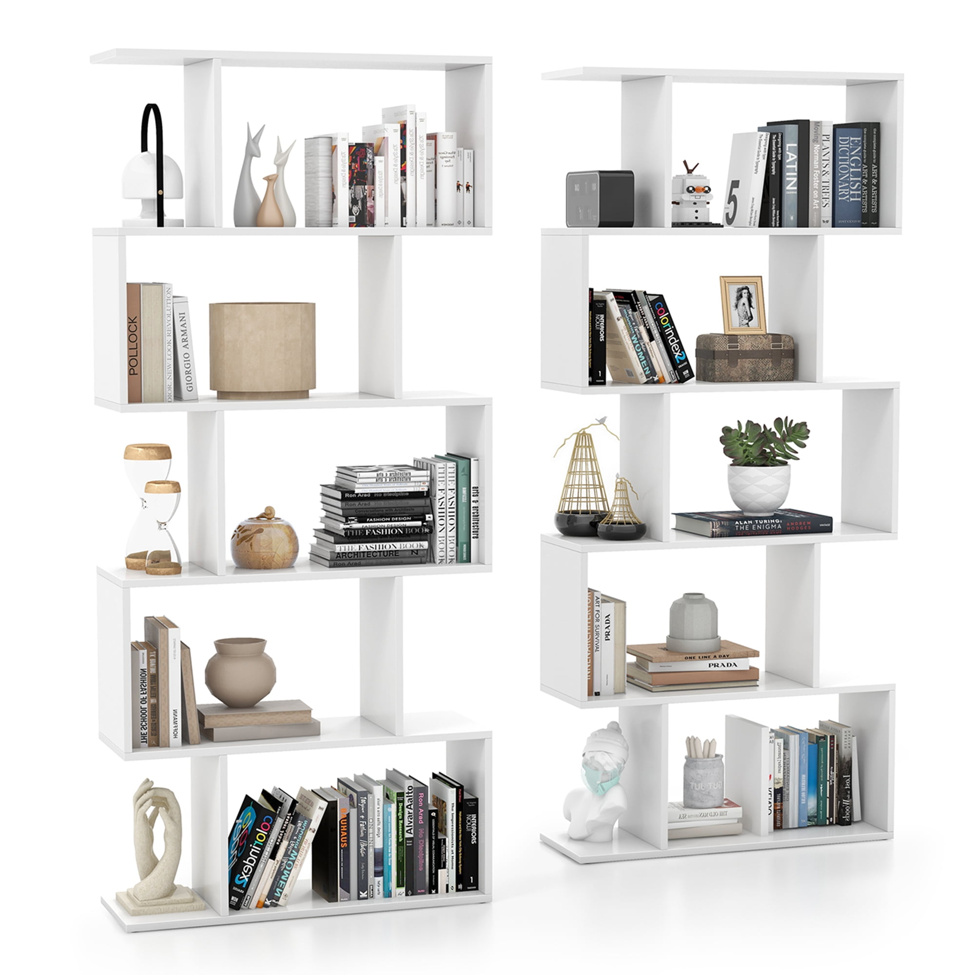 Costway 2 PCS 5-Tier Bookshelf Geometric S-Shaped Bookcase Room Divider ...