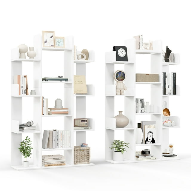 Costway 2 PCS Bookshelf Tree-Shaped Bookcase with 13 Storage Shelf ...