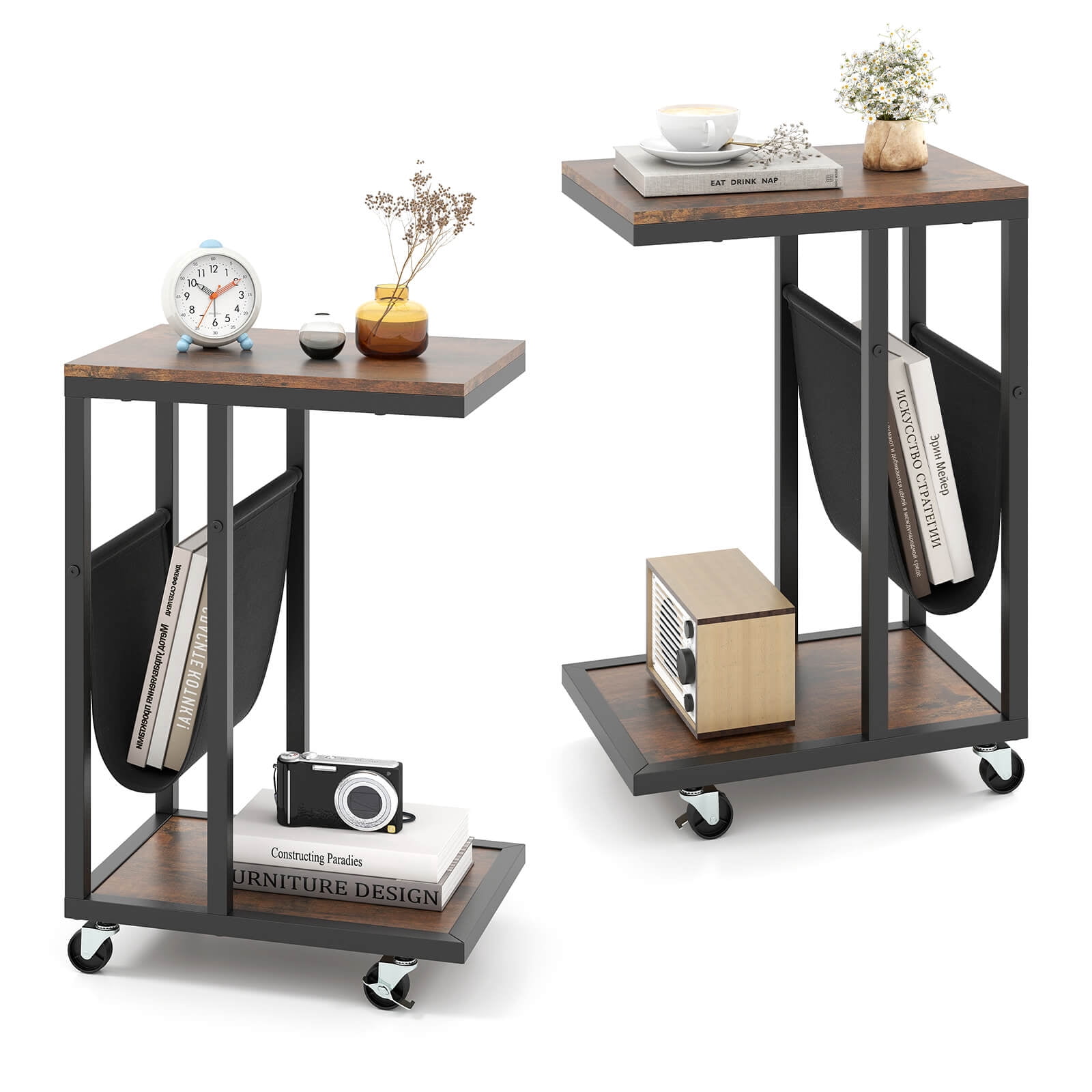 Costway 2 PCS C-shaped Side Table 2-tier Sofa Couch Table with Canvas ...