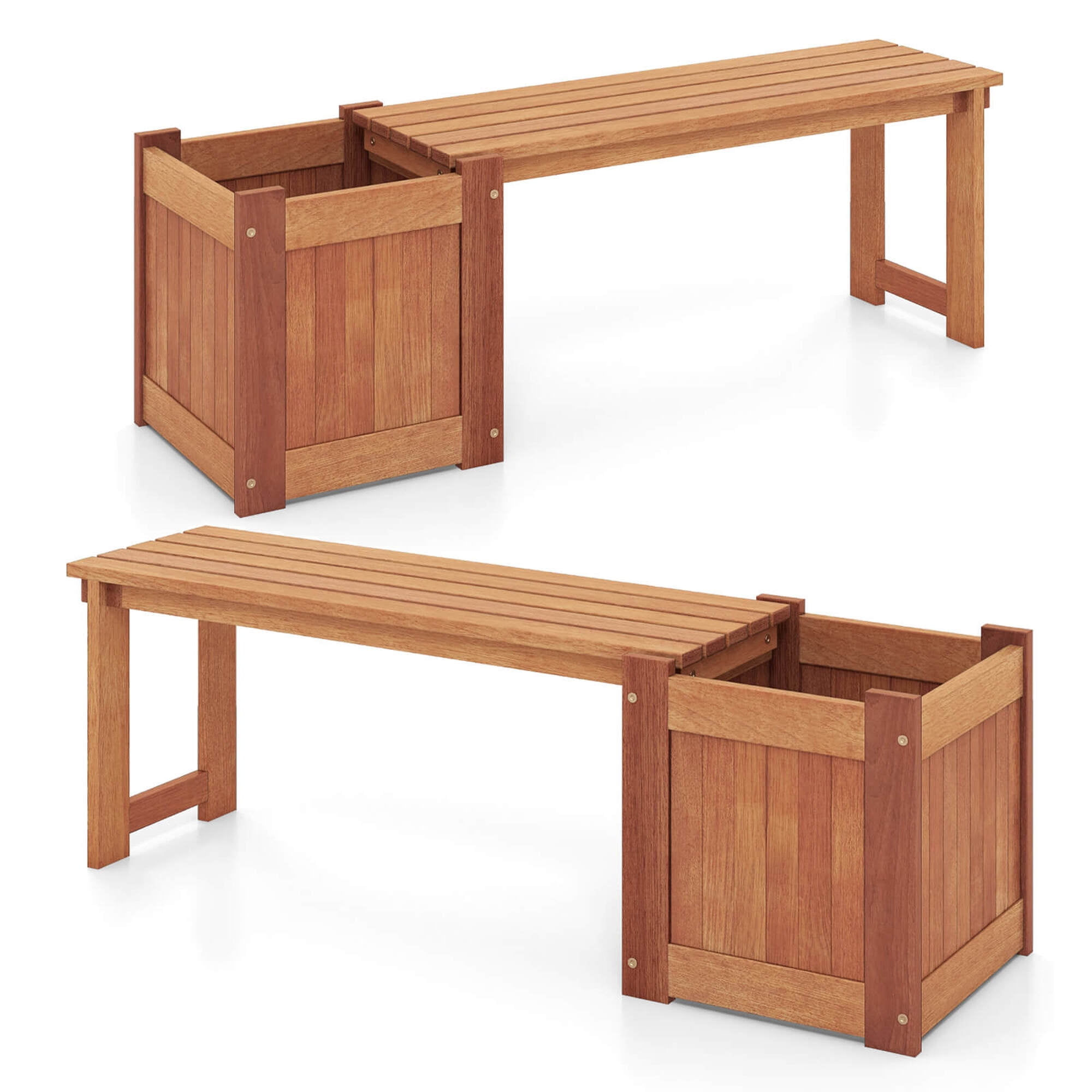 Costway 2 PCS Hardwood Flower Box with Bench Spacious Seat Open-ended ...