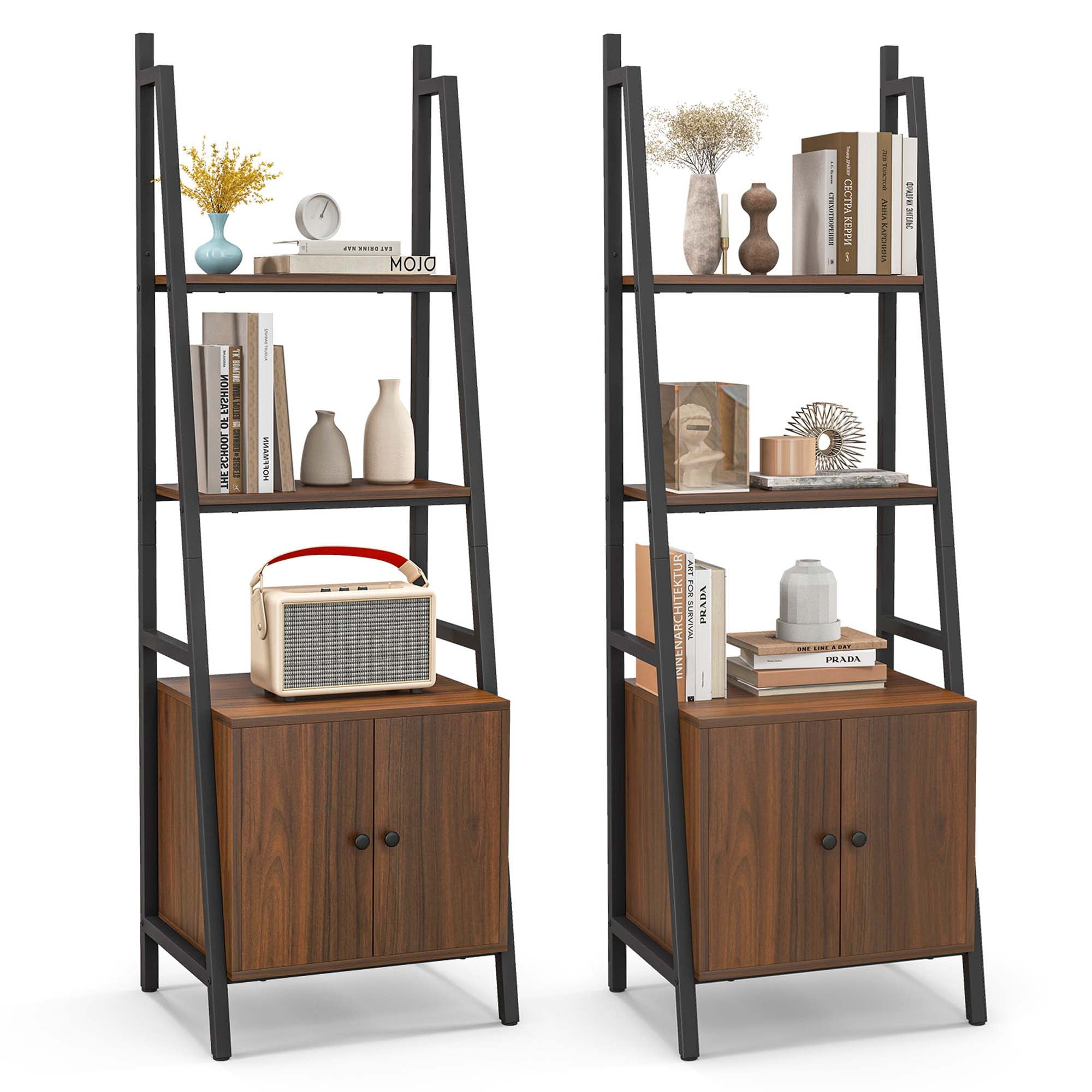 Costway 2 PCS Ladder Shelf Industrial Bookcase with Cabinet Metal Frame ...