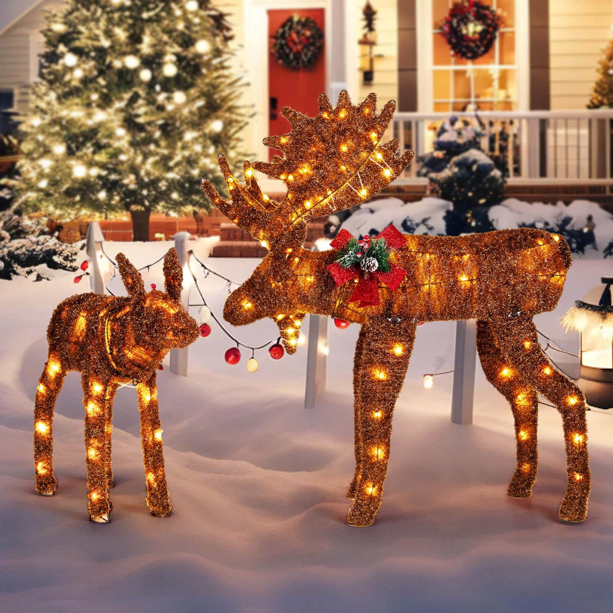 Costway 2 PCS Lighted Moose Family Light-up Xmas Deer Decorations with ...