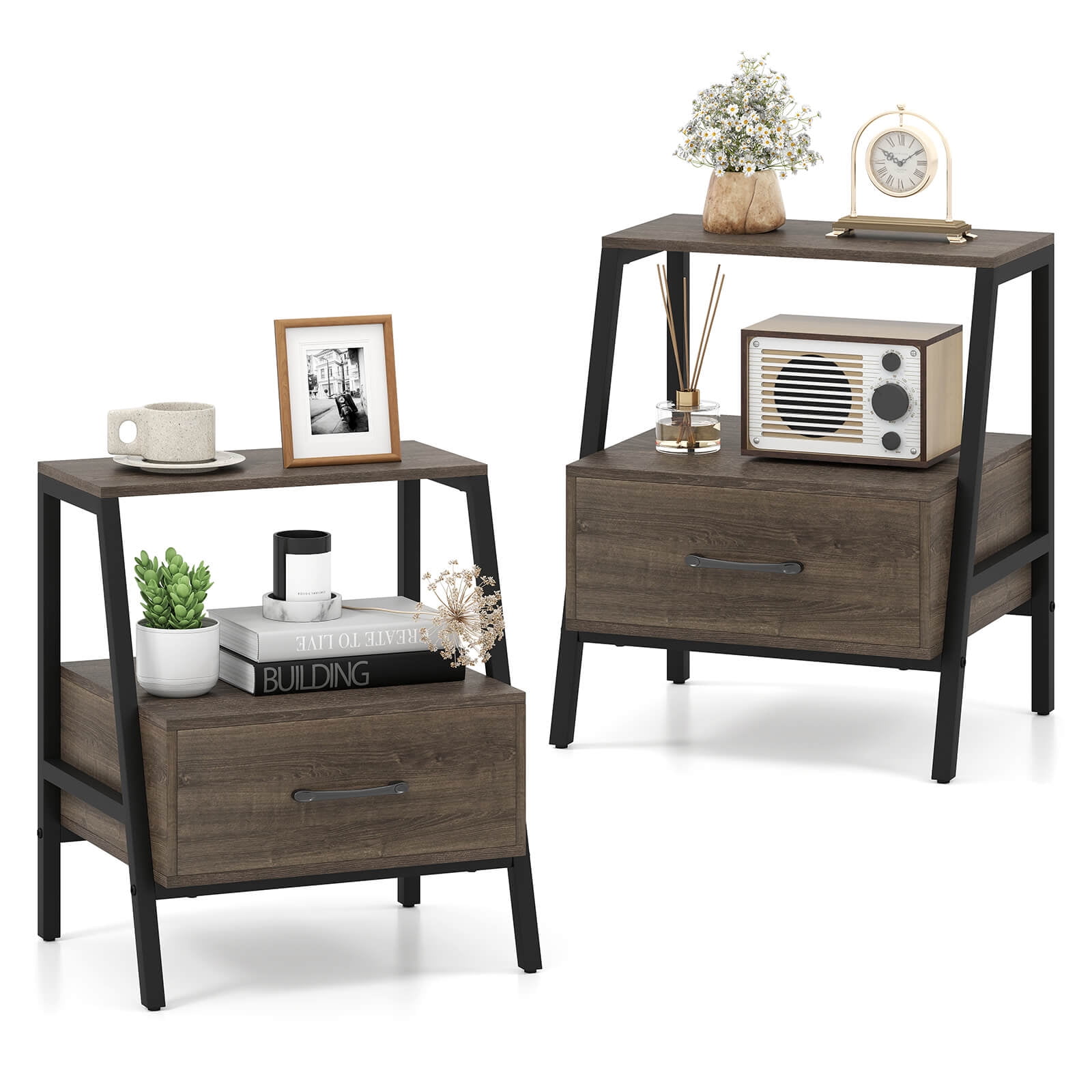 Costway 2 PCS Nightstand with Drawer Farmhouse 3-Tier Bedside Table ...