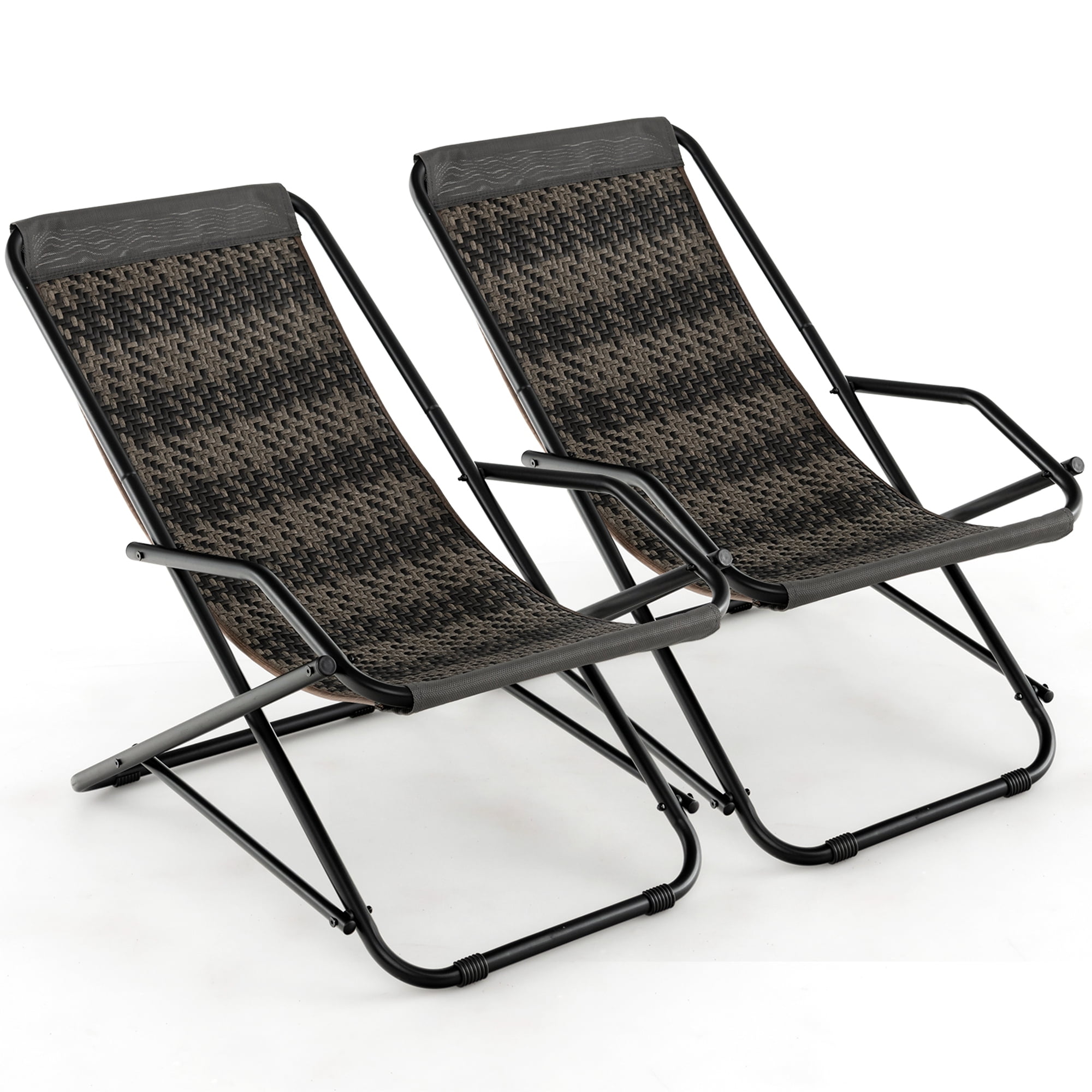 Costway 2 PCS Patio Folding Rattan Sling Chair Rocking Lounge Chaise ...