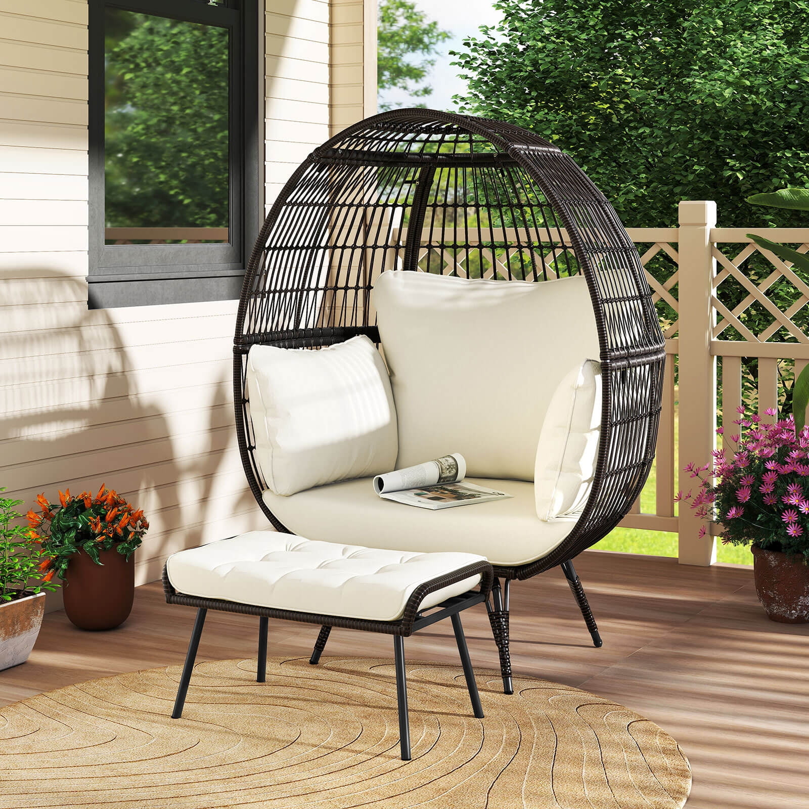 Costway 2 PCS Patio Wicker Lounge Basket Set Oversized Egg Chair with ...