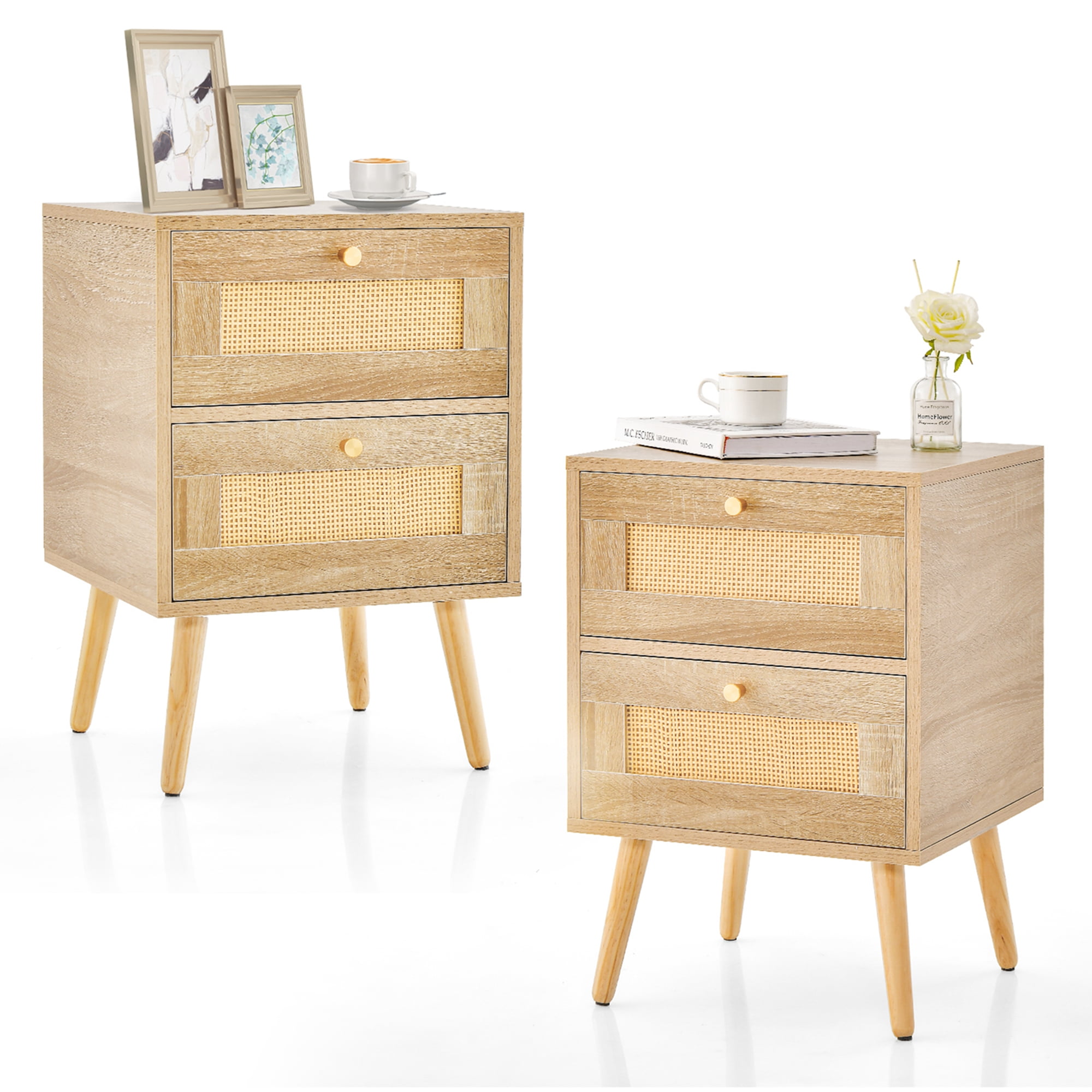 Costway 2 PCS Rattan Nightstand Boho Accent Bedside Table with 2 ...