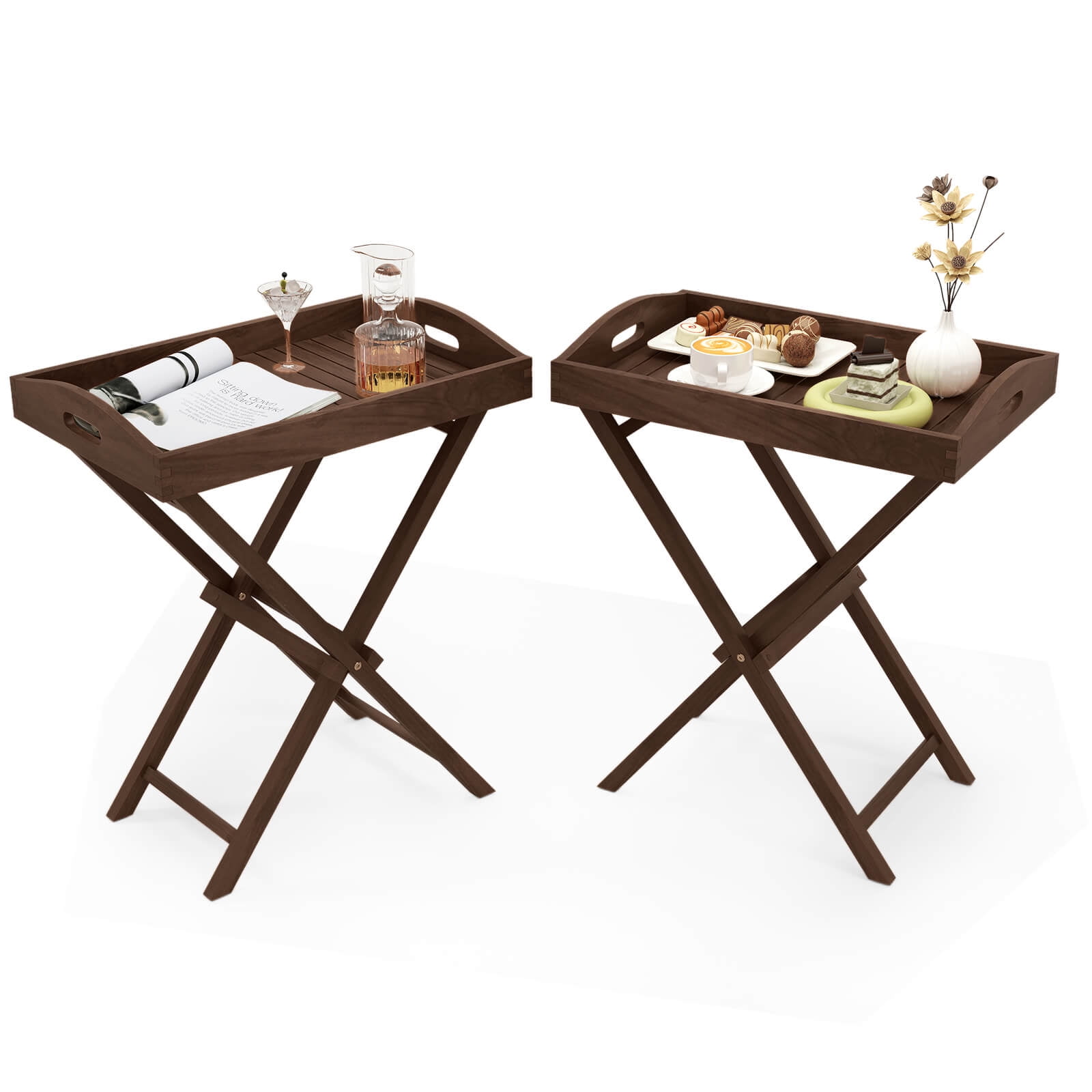 Costway 2 PCS Solid Teak Wood Tray Table 28" High Folding Table with ...